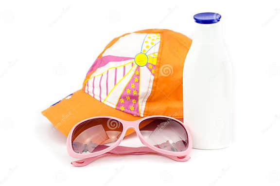 Cap with Sunglasses and Sunscreen Stock Image - Image of white, still ...
