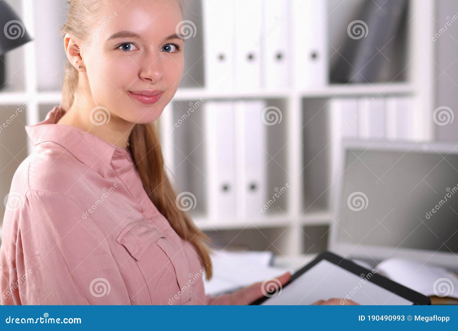 Capable Girl Office in Front Laptop Holds Tablet Stock Image - Image of ...
