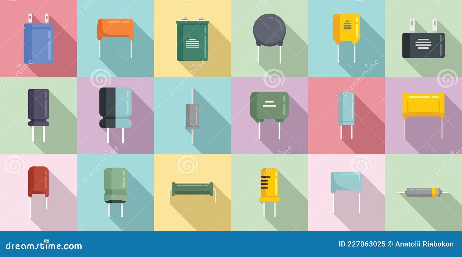 Capacitor Icons Set Flat Vector. Polyester Ceramic Capacitor Stock ...