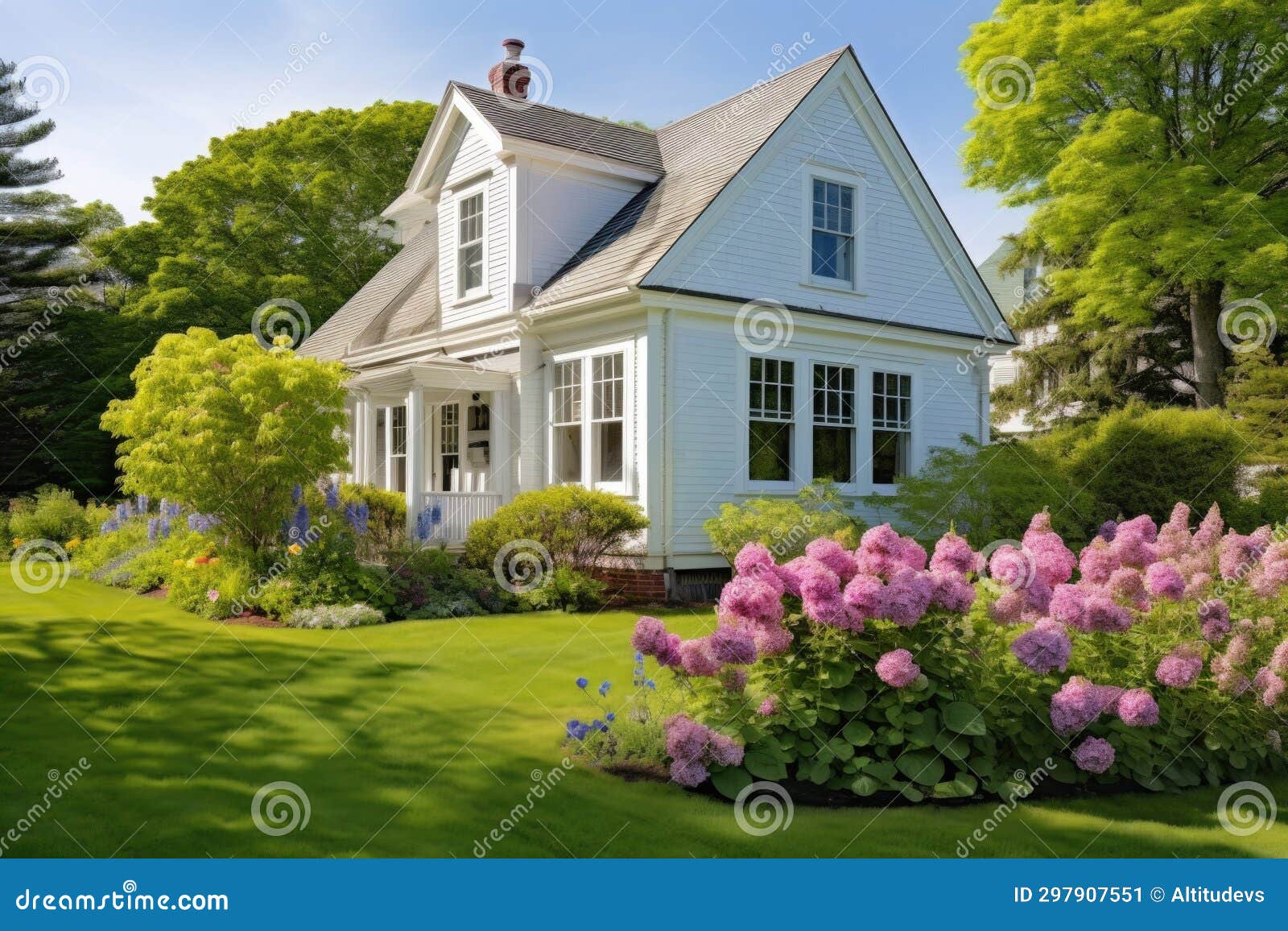 Cape Cod House with a Blooming Garden in the Front and Side Gable Roof ...
