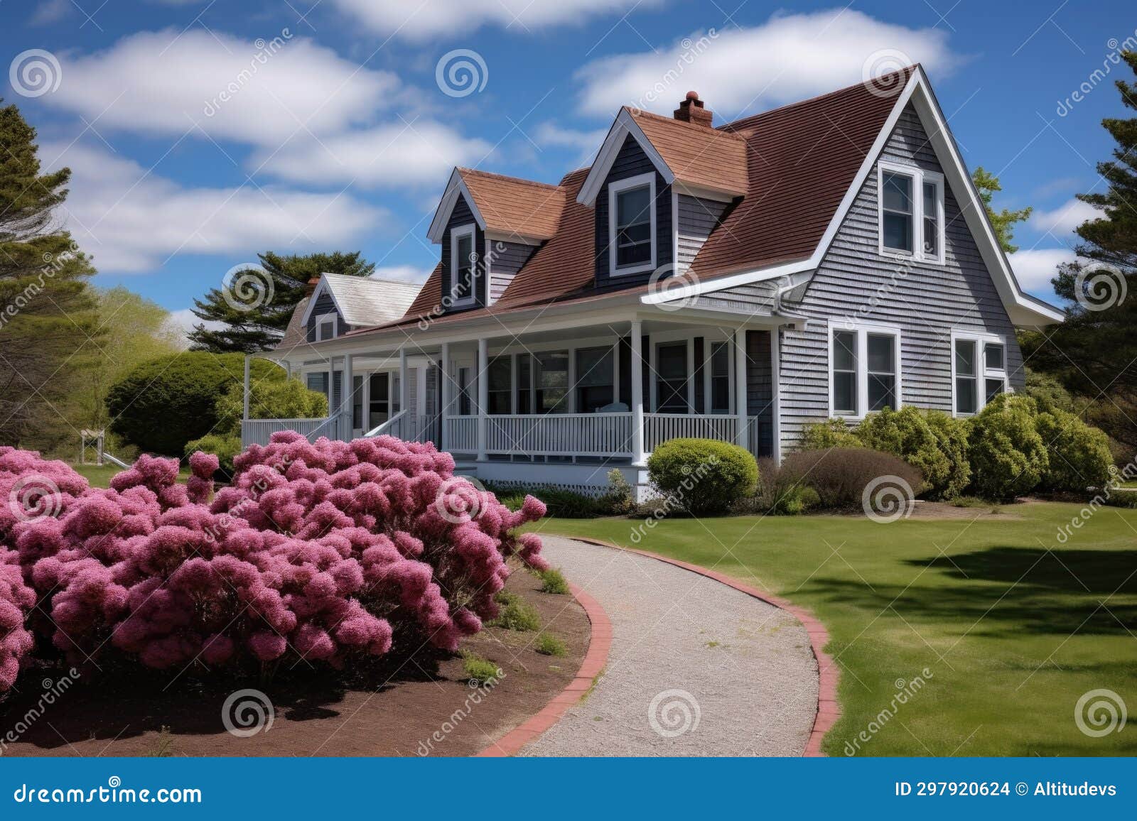 Cape Cod House with Dormers and Winding Pathway Stock Photo - Image of ...