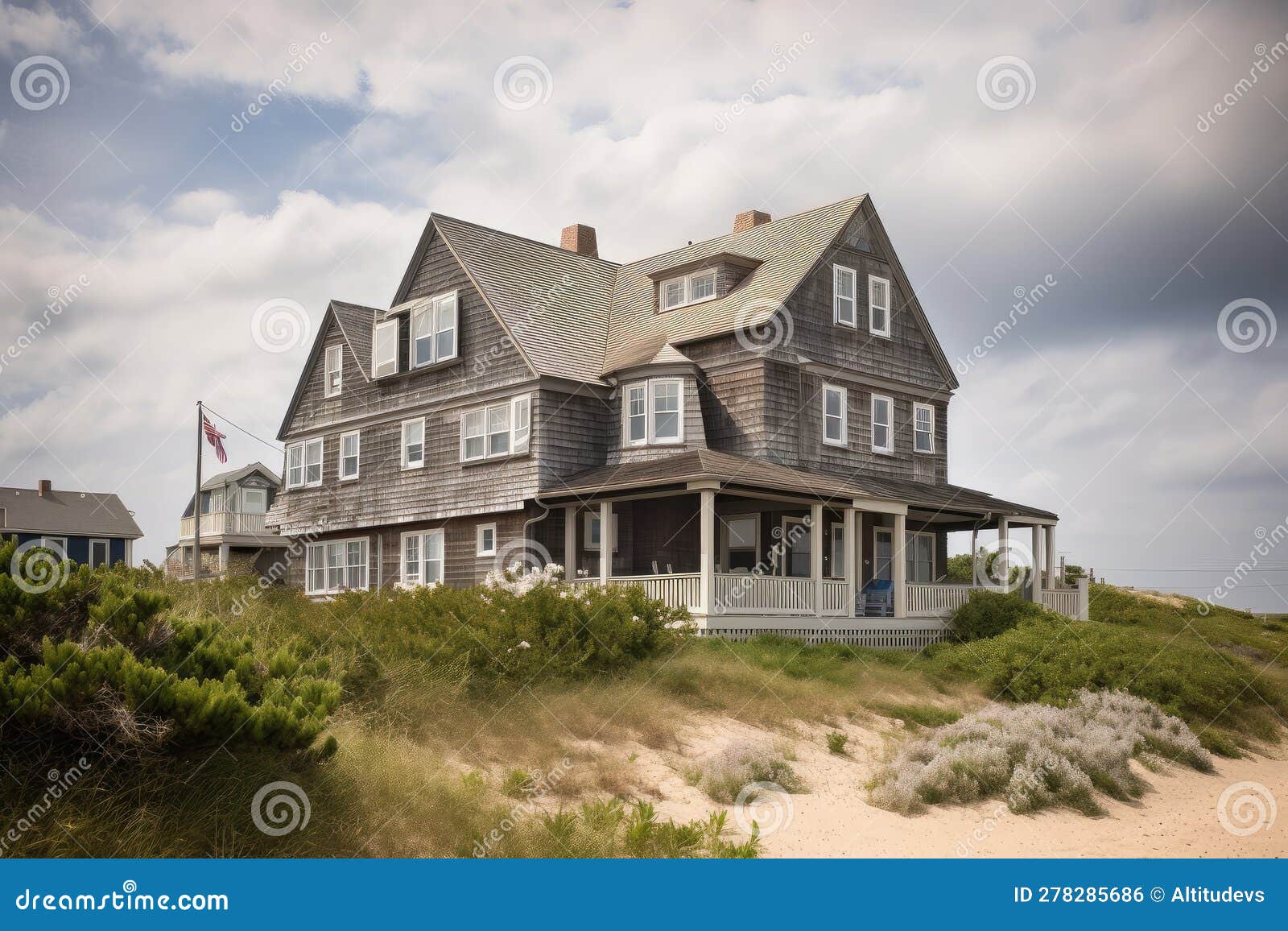 Cape Cod House Exterior, with View of the Beach and Ocean in the ...