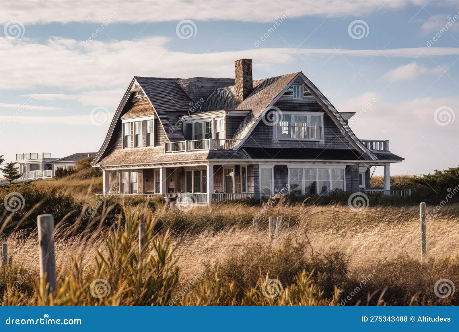 Cape Cod House Exterior, with View of Ocean and Beach in the Distance ...