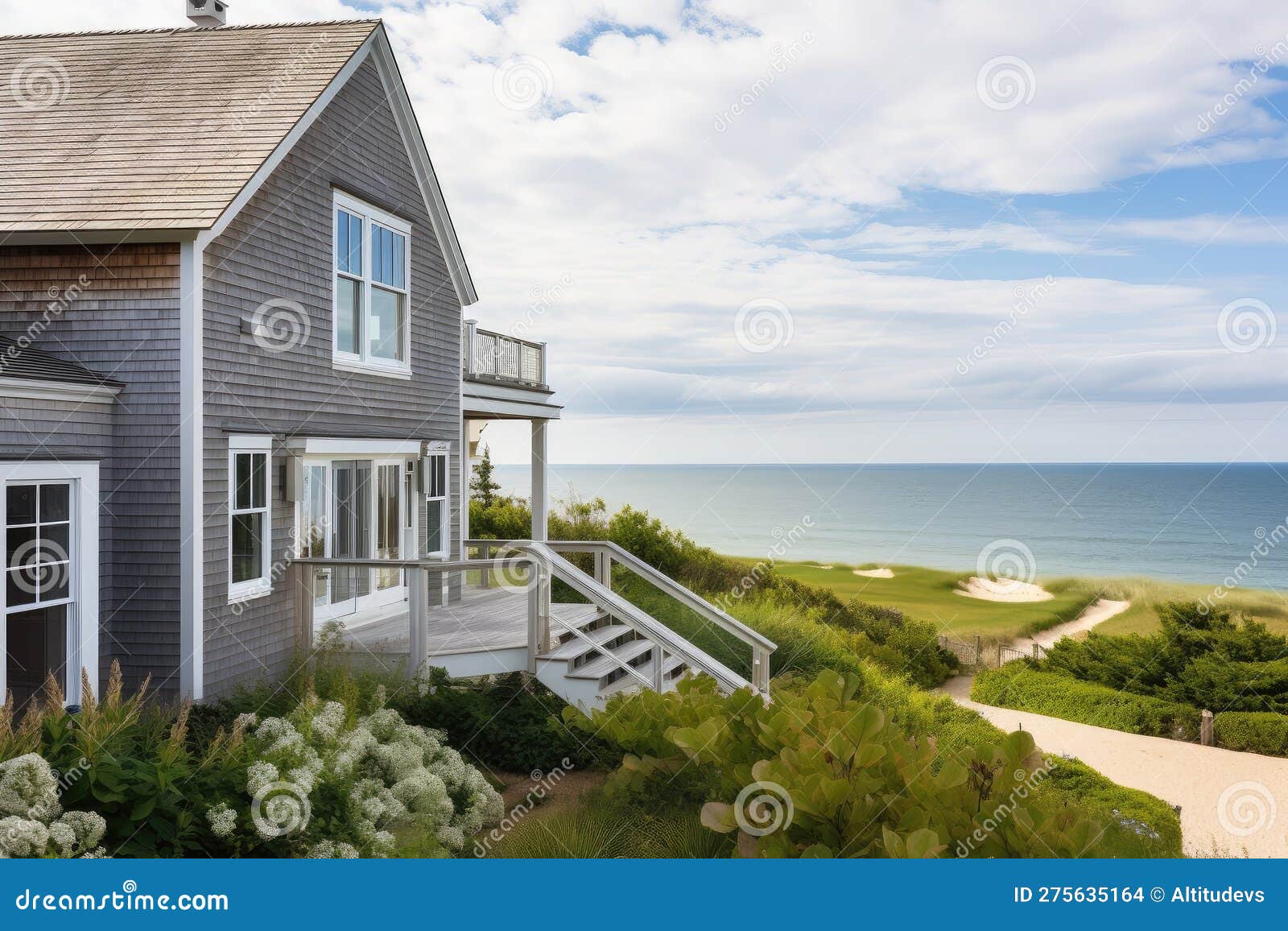 Cape Cod House Exterior, with View of Ocean and Beach in the Distance ...