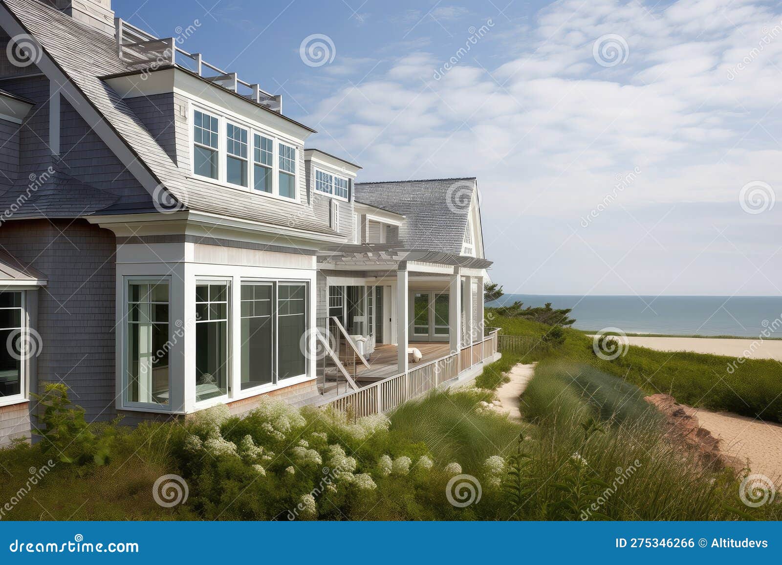 Cape Cod House Exterior, with View of Private Beach and Ocean Beyond ...