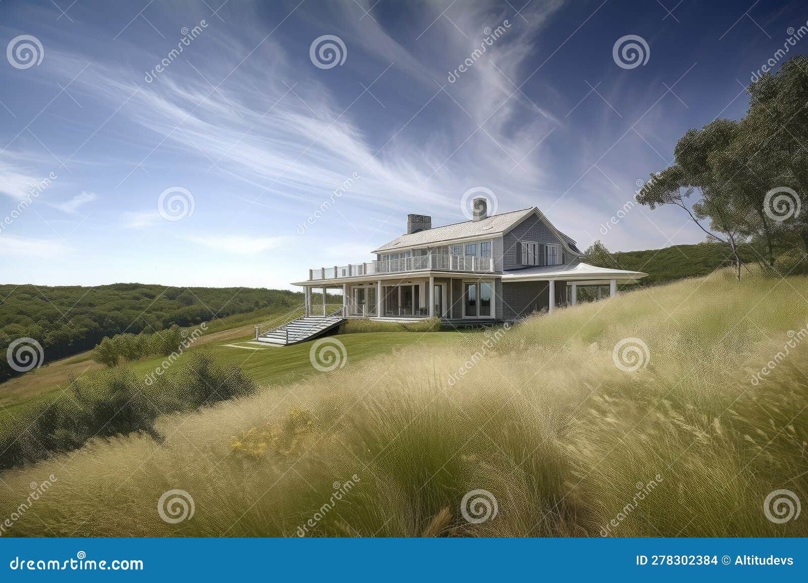 Cape Cod House with Verandah and Sweeping View of the Surrounding ...