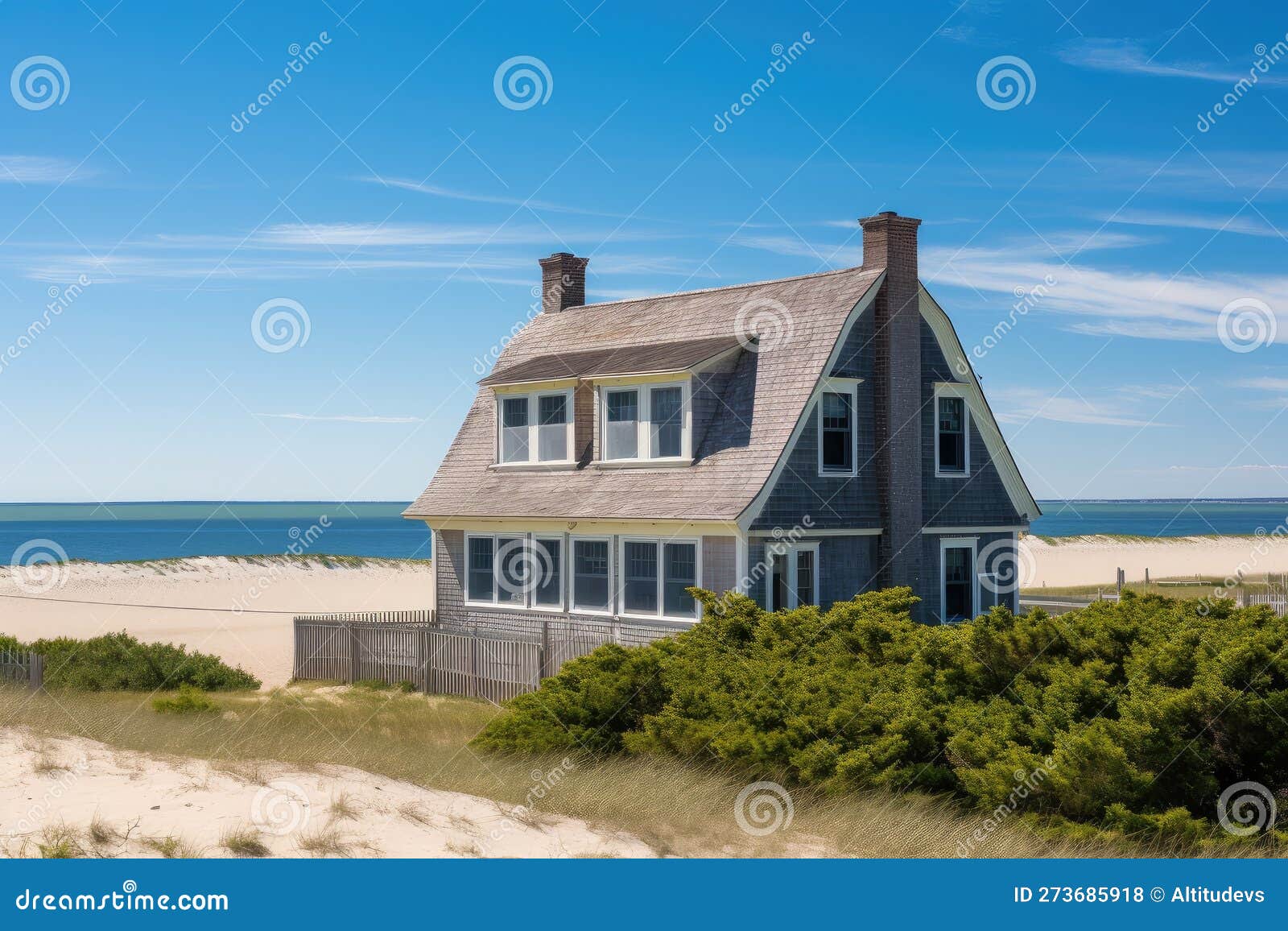 Cape Cod House, with View of the Beach and Ocean, on a Warm Sunny Day ...