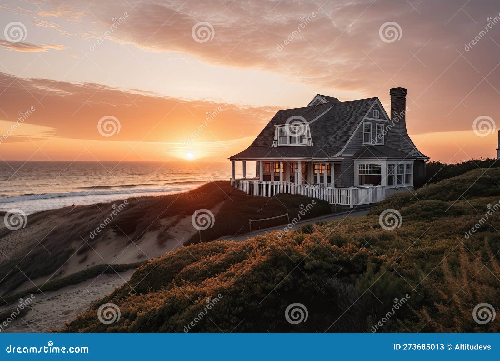Cape Cod House with View of Sunset Over the Ocean, Waves Rolling in ...