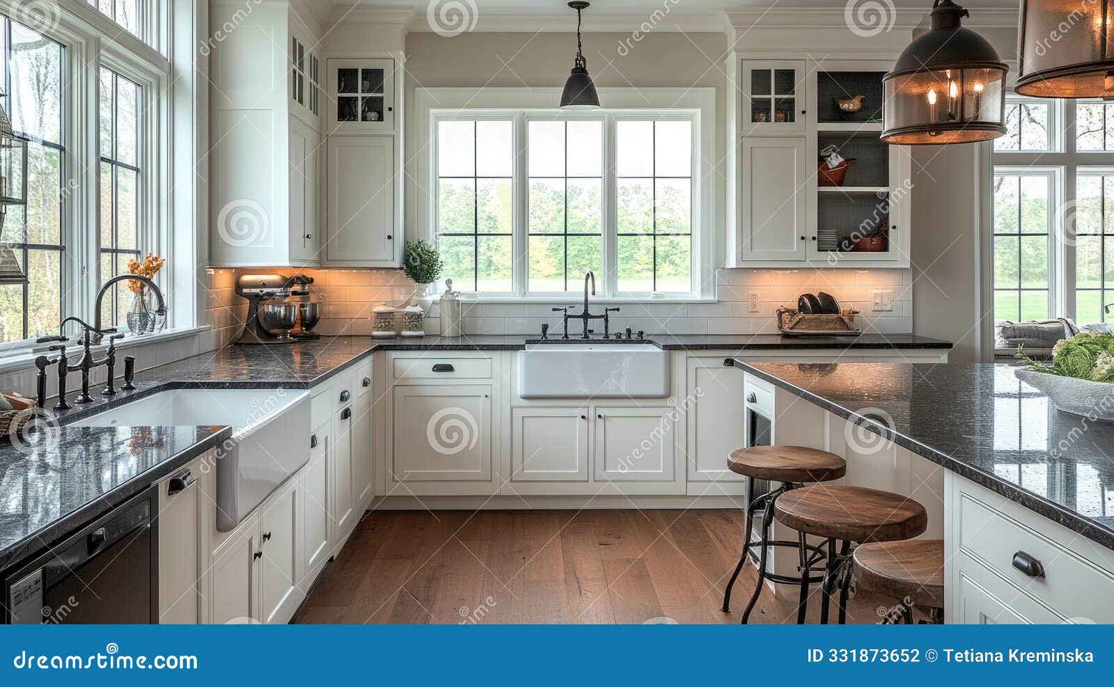 Cape Cod Kitchen with White Cabinetry, Dark Granite Countertops, and ...