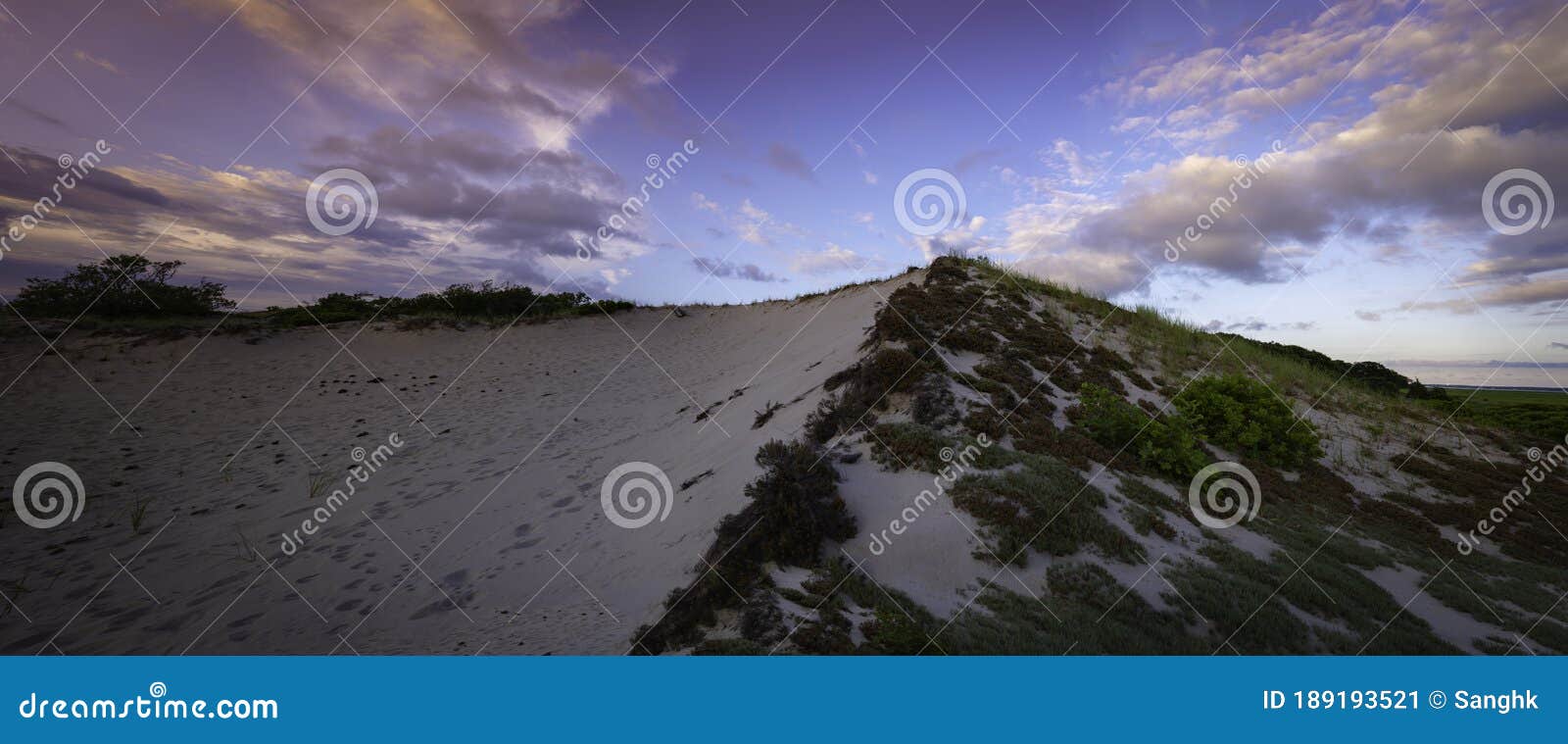 Panoramic Hilltop of Sand Dune and Cloudscape on Cape Cod Wilderness ...