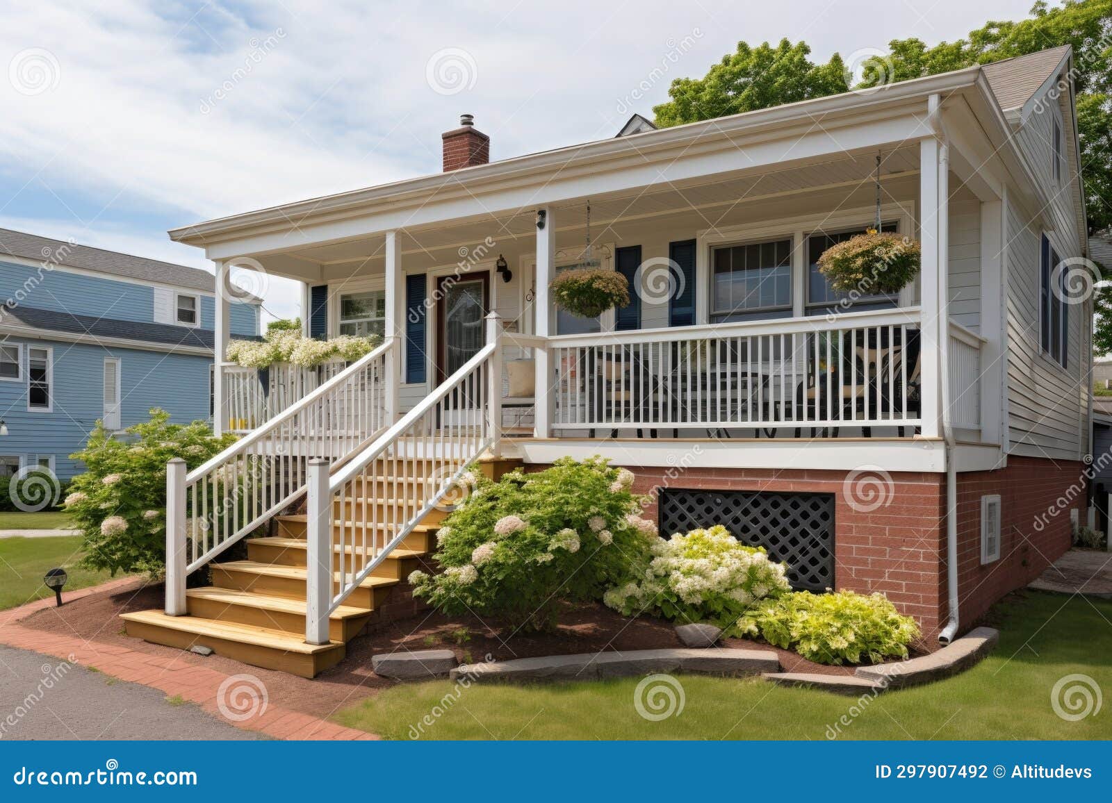 Cape Cod Style House with Brick Steps and Balcony Stock Photo - Image ...
