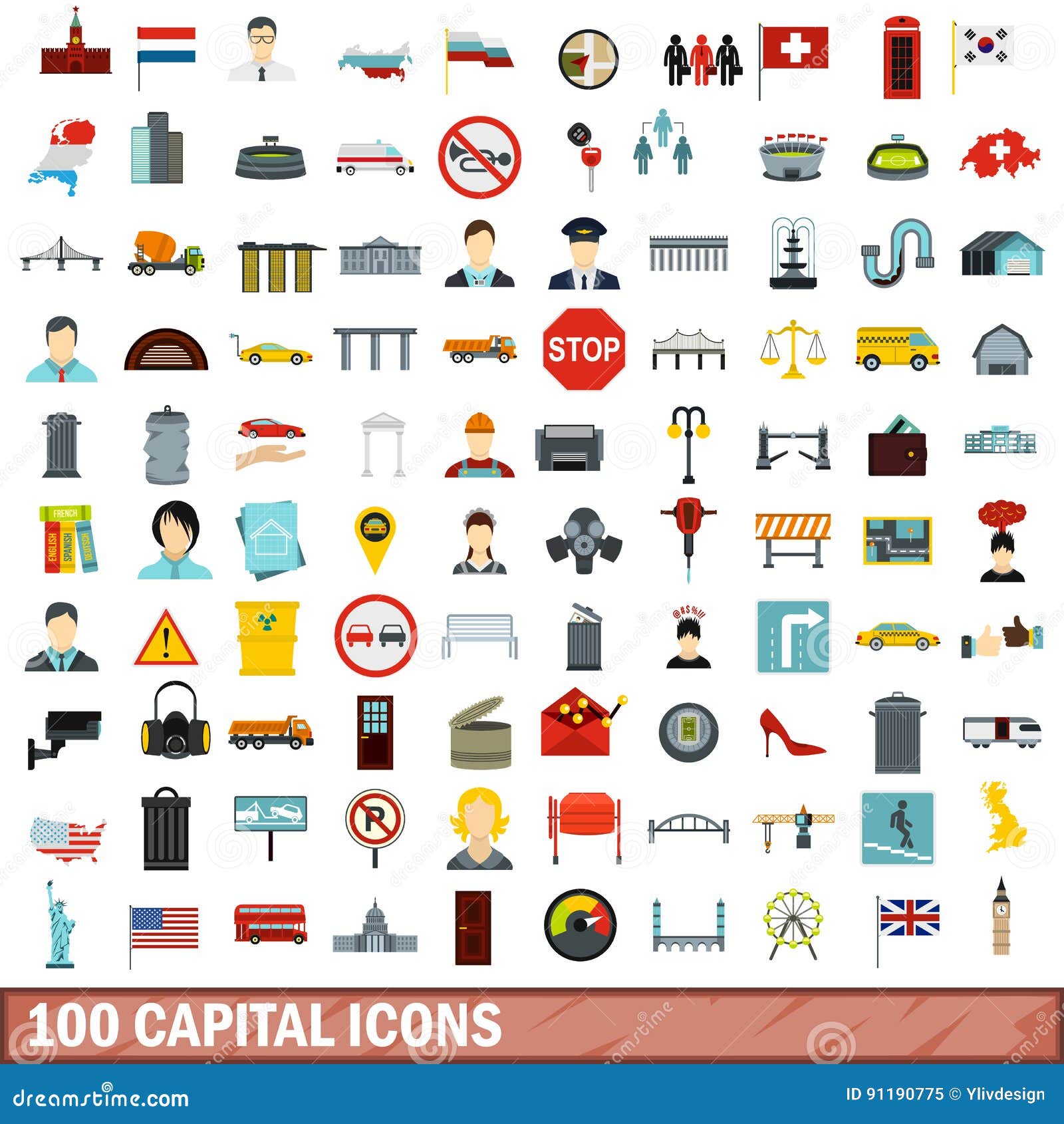 100 Capital Icons Set, Flat Style Stock Vector - Illustration of ...