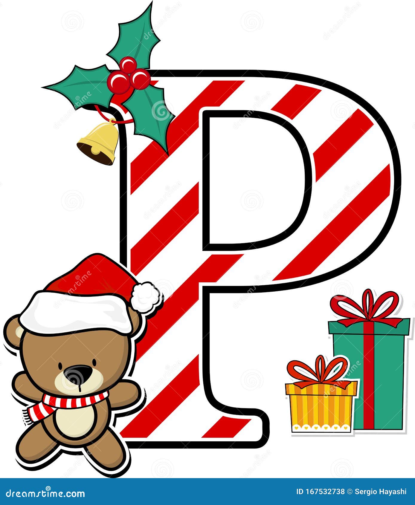 Capital Letter P with Cute Teddy Bear and Christmas Design Elements 向量 ...