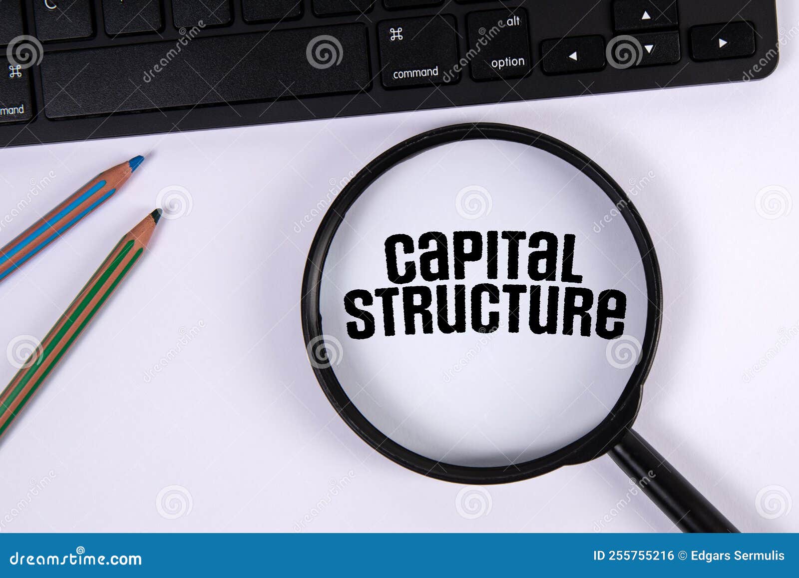 Capital Structure. Computer Keyboard And Magnifying Glass On White ...