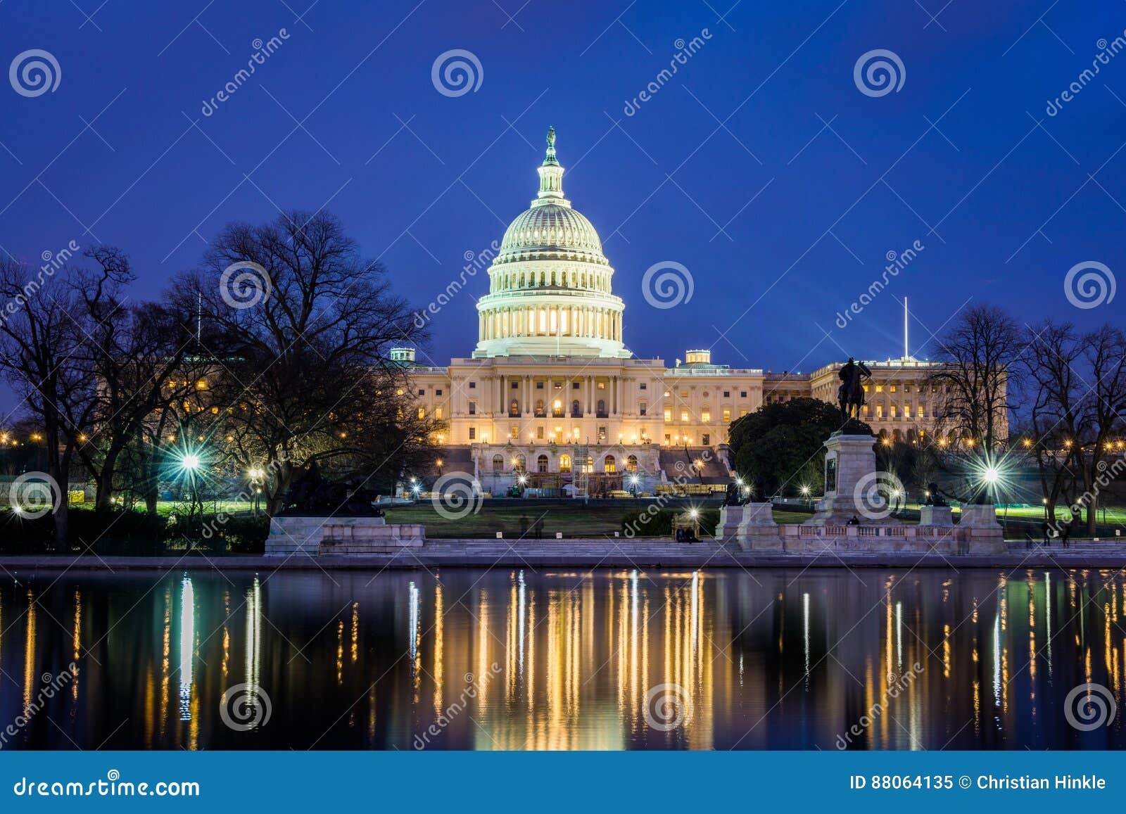 Capitol Building at Night in District of Columbia with Reflection Stock ...