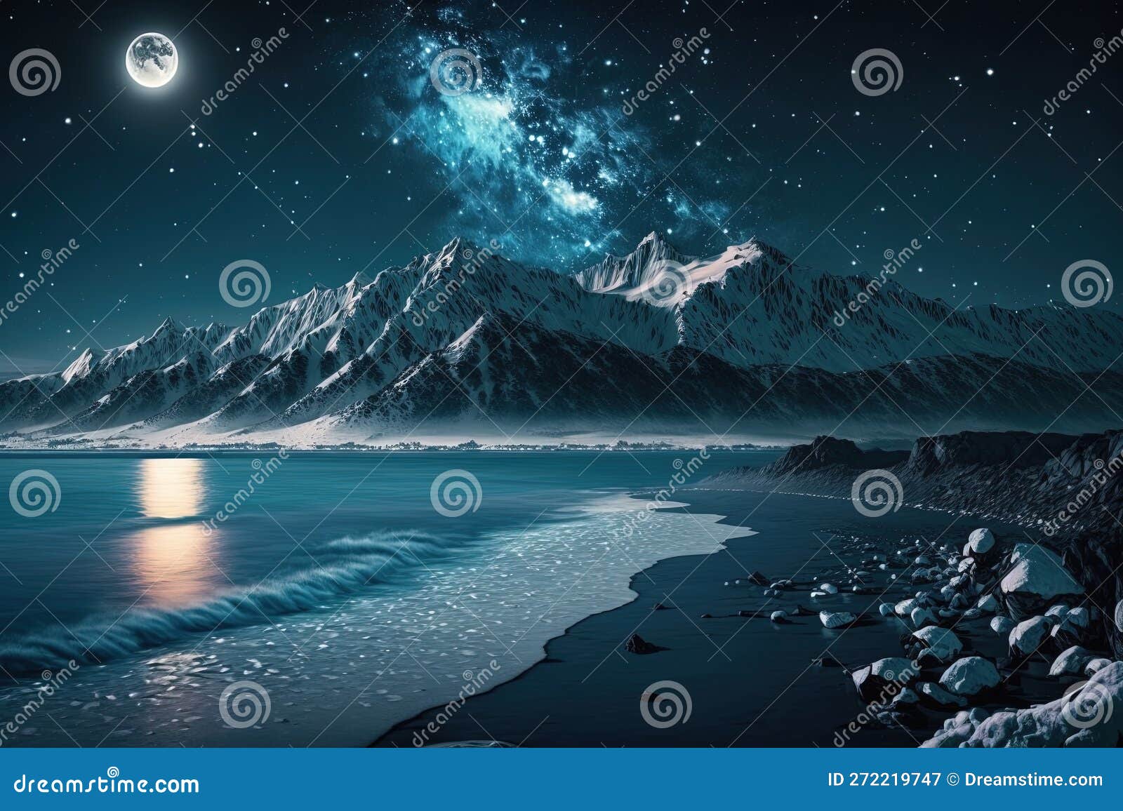 Capped Mountains with Ocean Views in Moonlight and Sparkling Stars ...