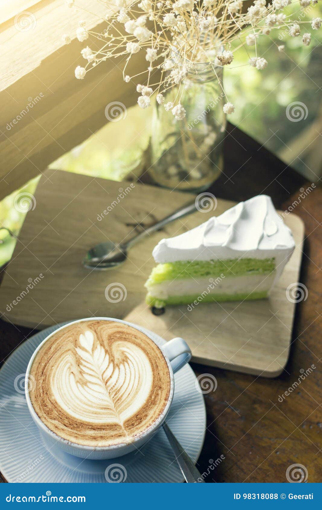 Cappuccino Coffee with Latte Art and Cake Slice Desserts Stock Photo ...