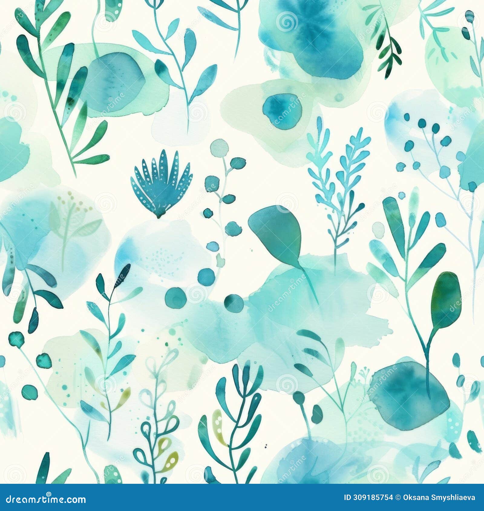Capri Blue Watercolor Flora and Fauna Seamless Pattern Stock Photo ...
