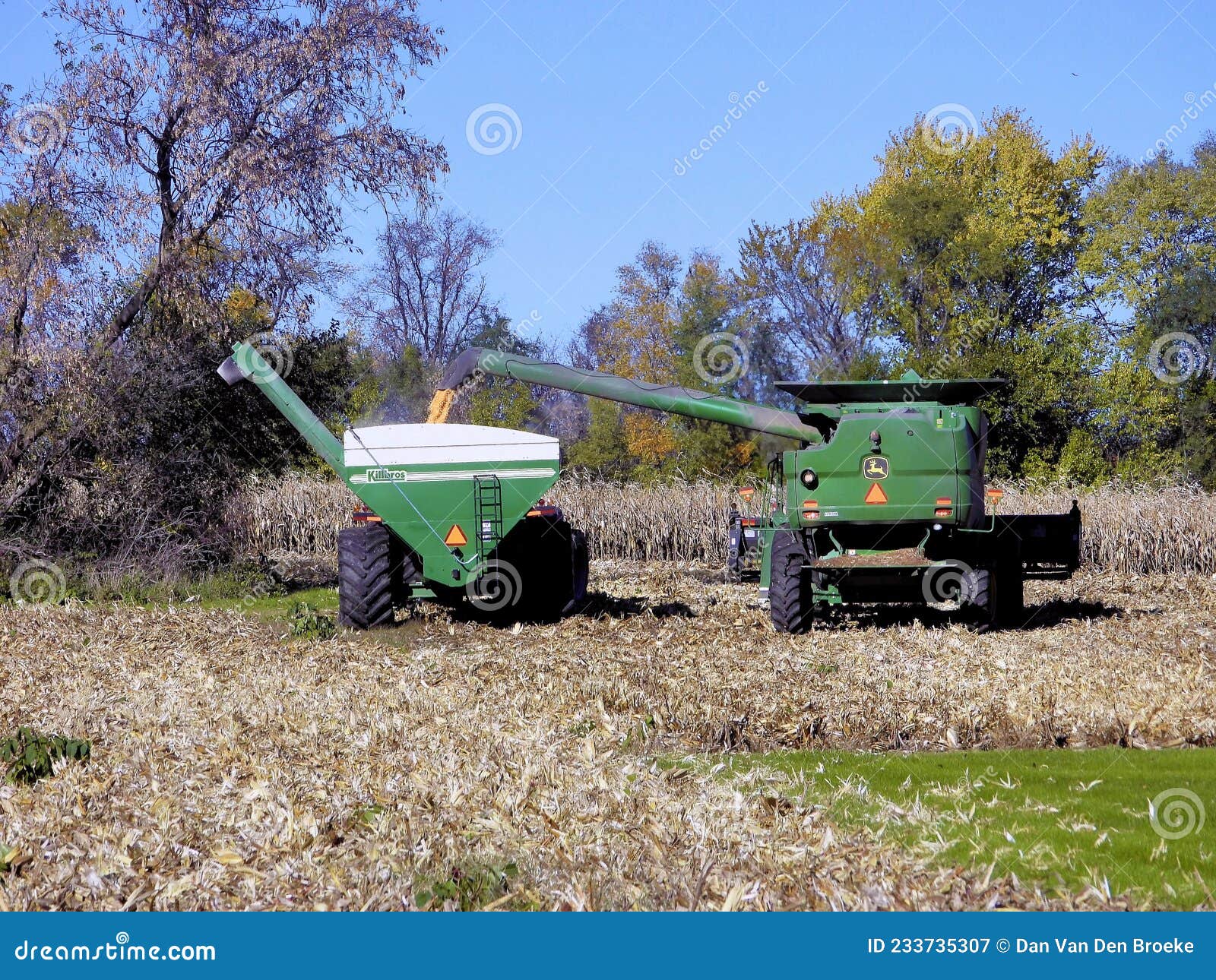 John Deere Combine Harvesting Corn and Unloading into Killbros Grain ...