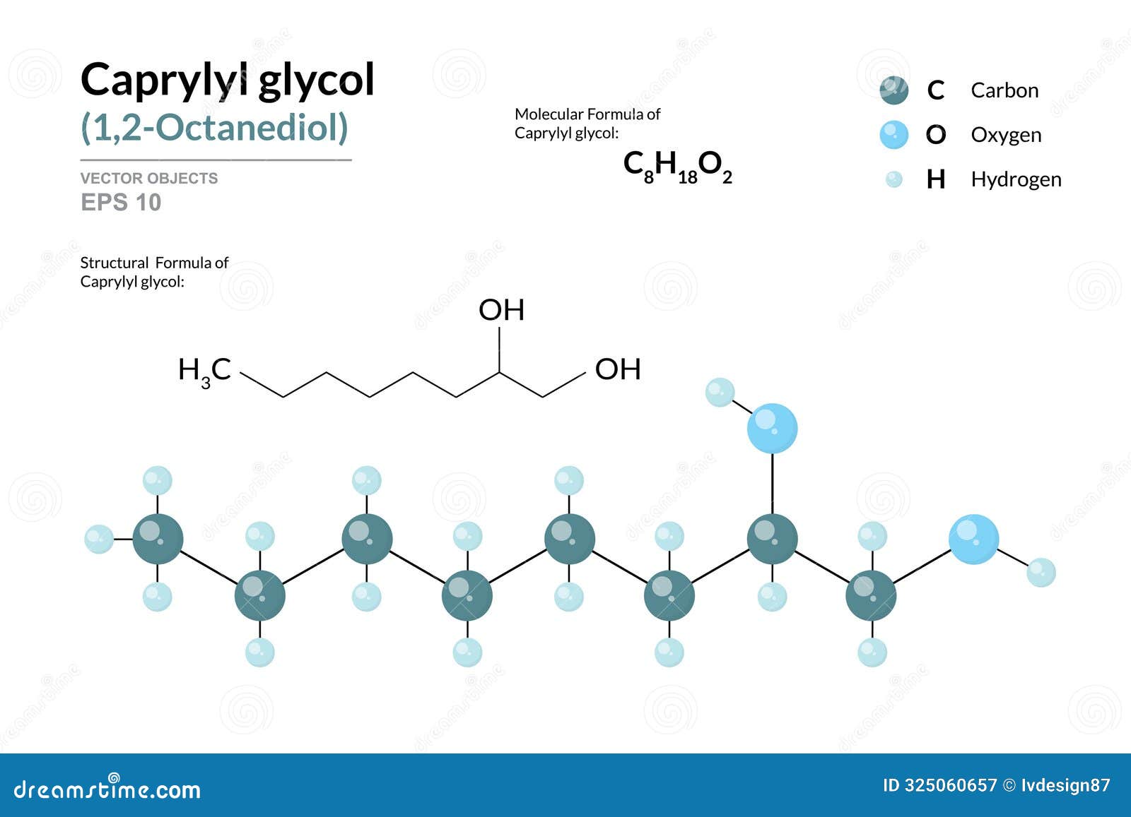Caprylyl Glycol. 1,2-Octanediol. Structural Chemical Formula and 3d ...