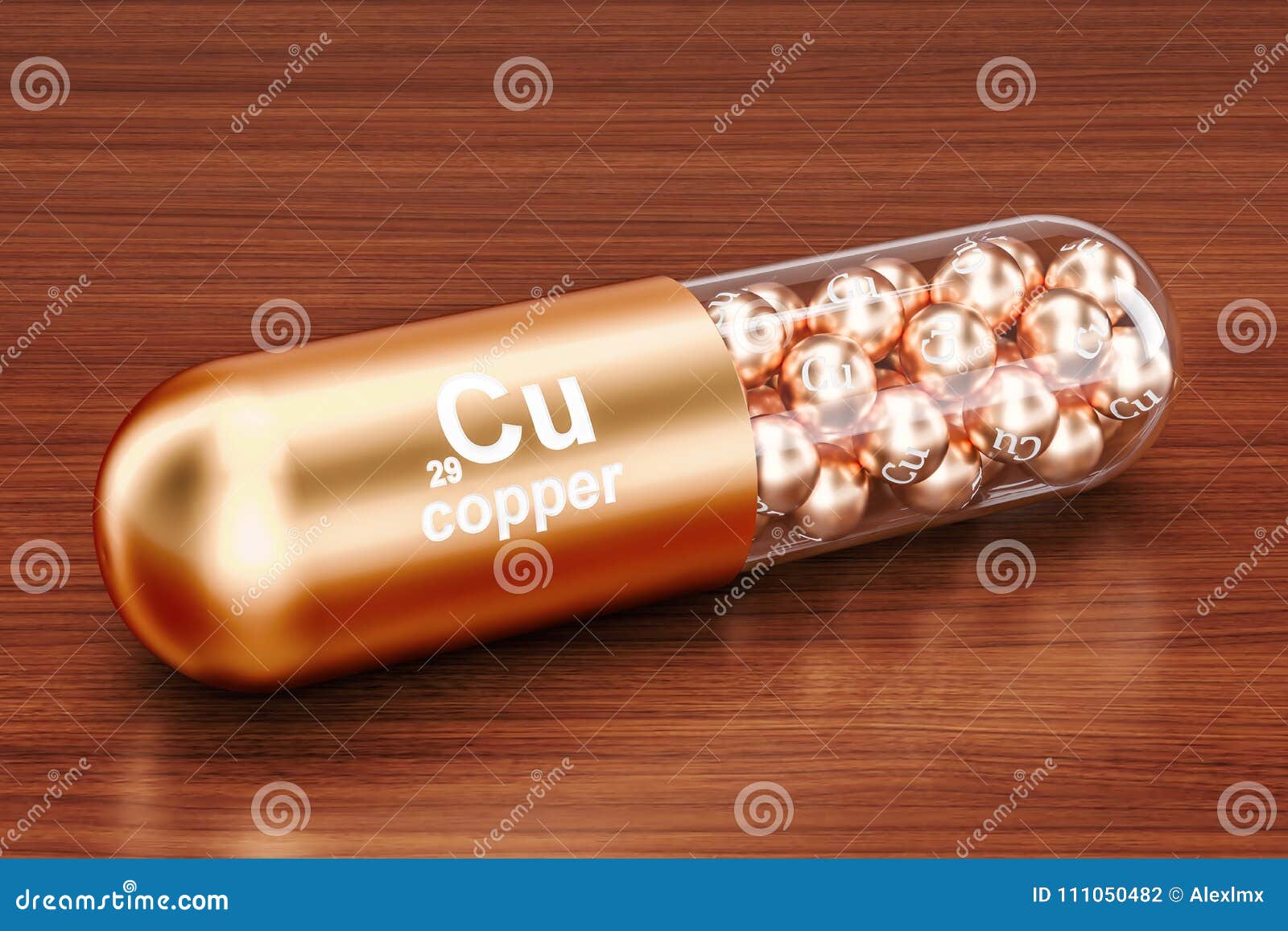 Capsule with Copper Cu Element on the Wooden Table. 3D Rendering Stock ...