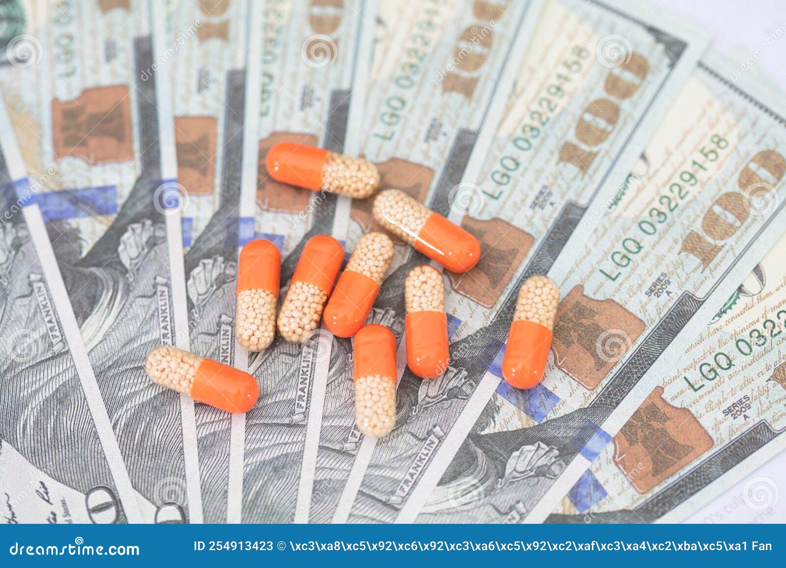 Capsule Medicines on Hundred-dollar Bills Stock Image - Image of ...