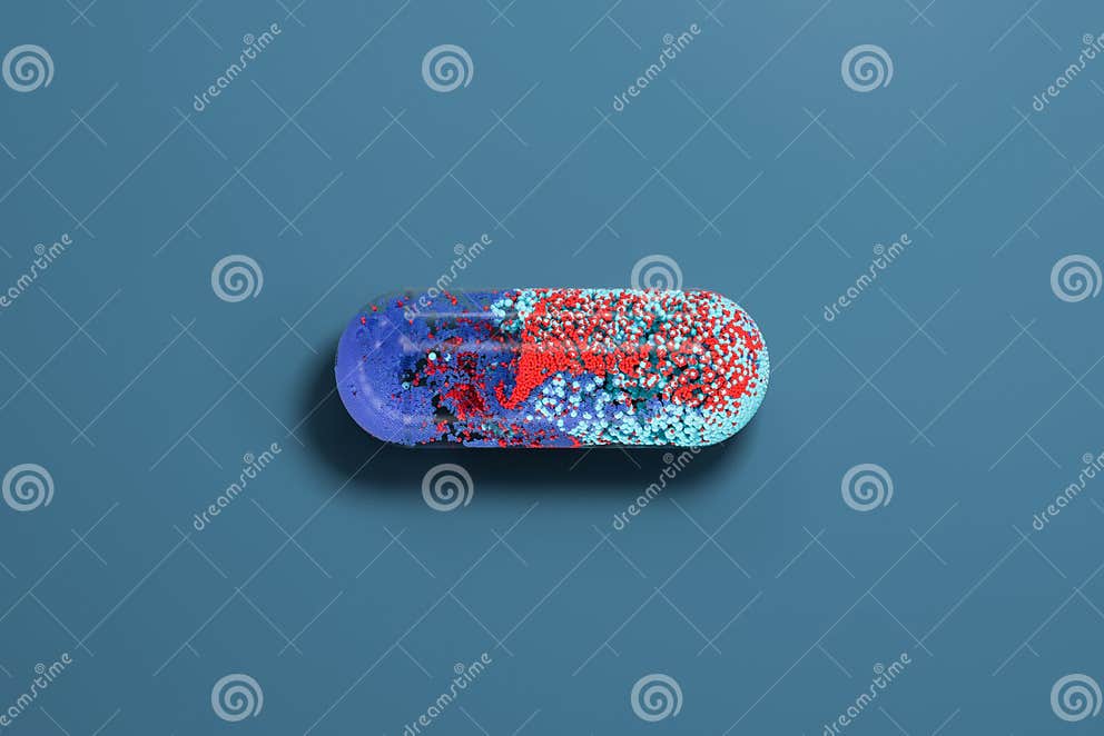 Capsule with Particles Inside with Blue Background, 3d Rendering Stock ...