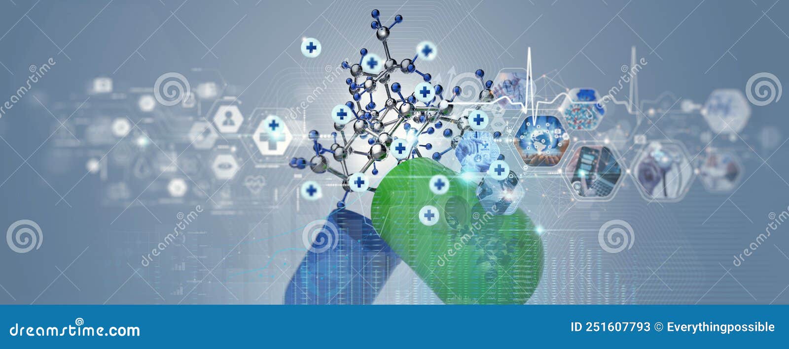 Capsule Pill Opening with Molecule Model, DNA, Science Background with ...