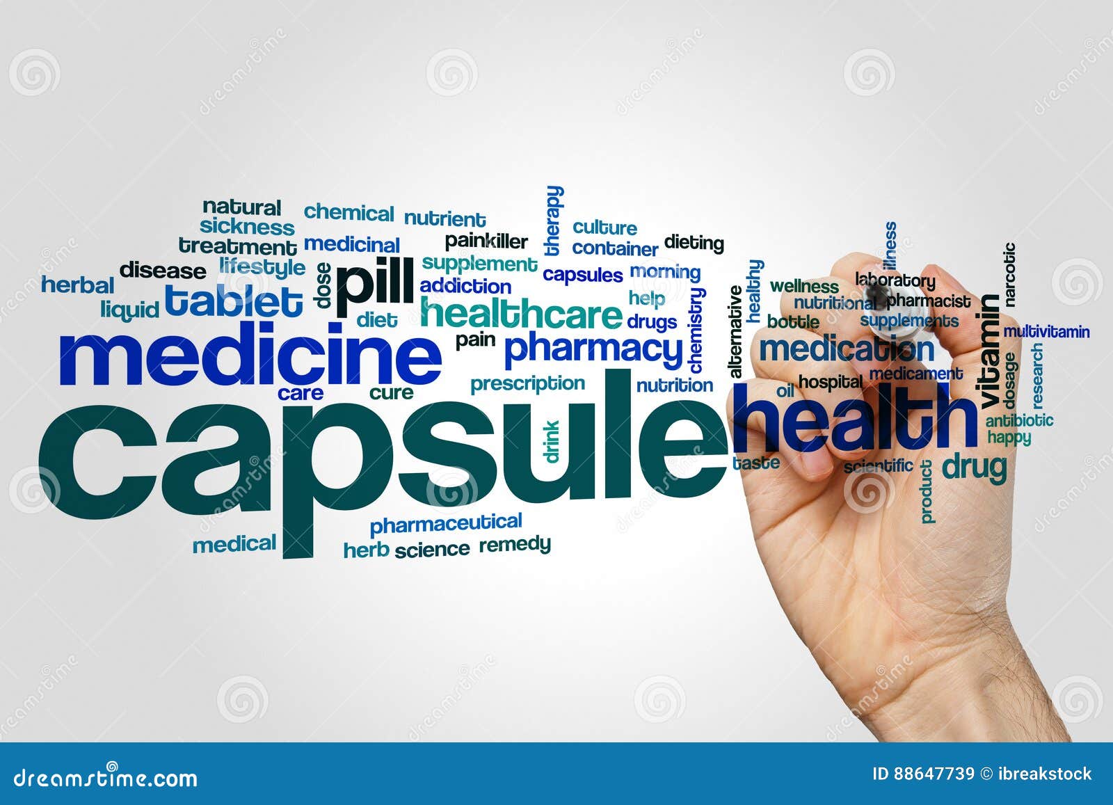 Capsule Word Cloud Concept on Grey Background Stock Image - Image of ...