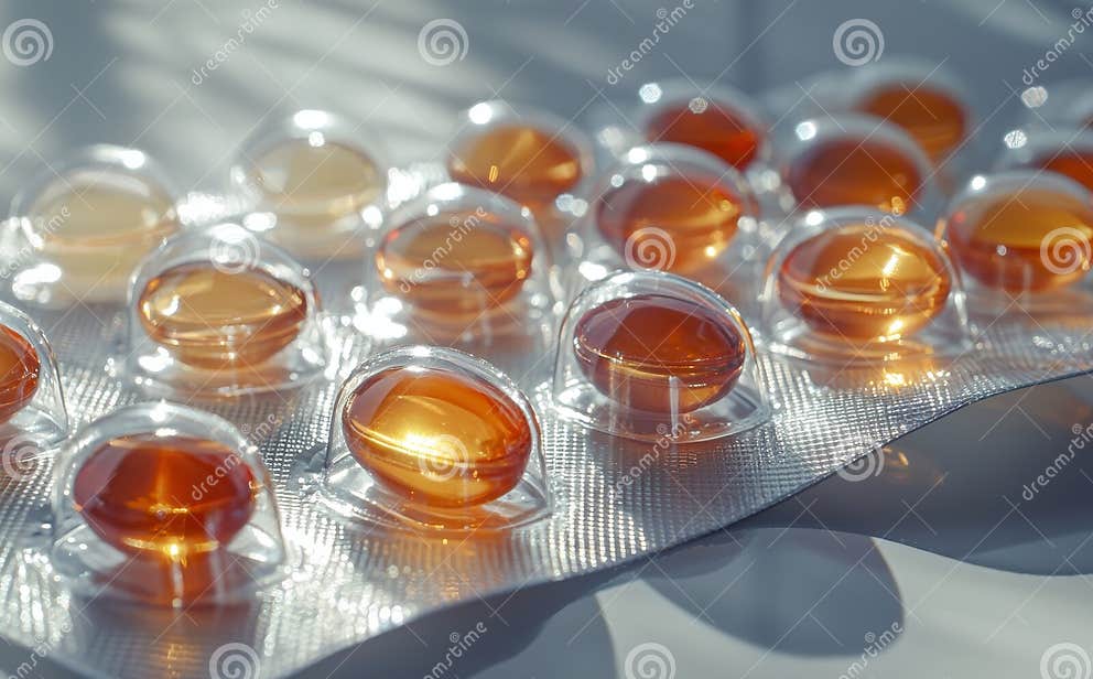 Capsules of Amber Displayed in a Neat Row on a Reflective Surface with ...