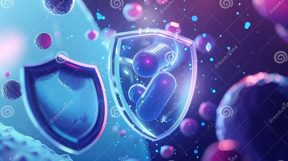 Capsules Inside Shield Surrounded by Glowing Particles 3d Rendering ...