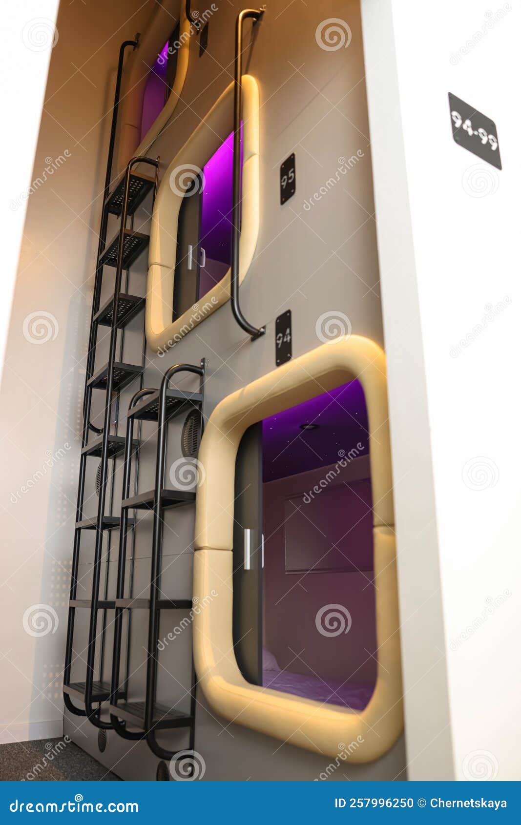 Capsules in Modern Pod Hostel, Low Angle View. Stylish Interior Stock ...