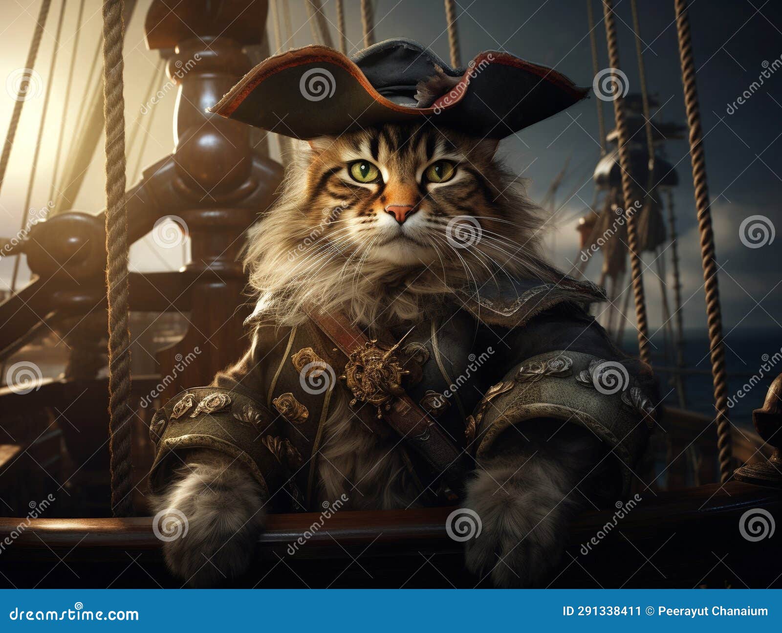 Captain Cat Standing Like Human in the Pirate Ship on the Sea Stock ...