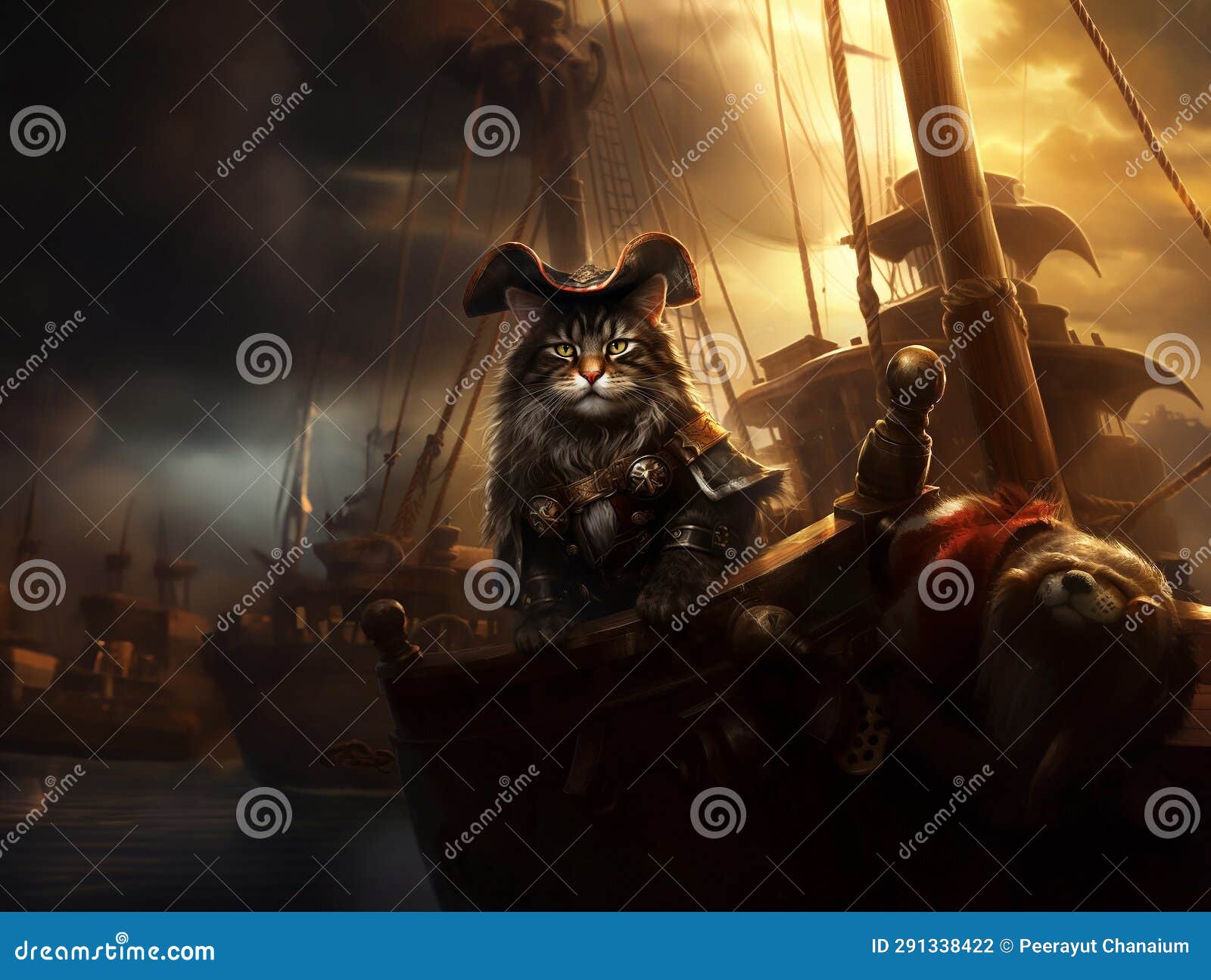 Captain Cat Standing Like Human in the Pirate Ship on the Sea Stock ...