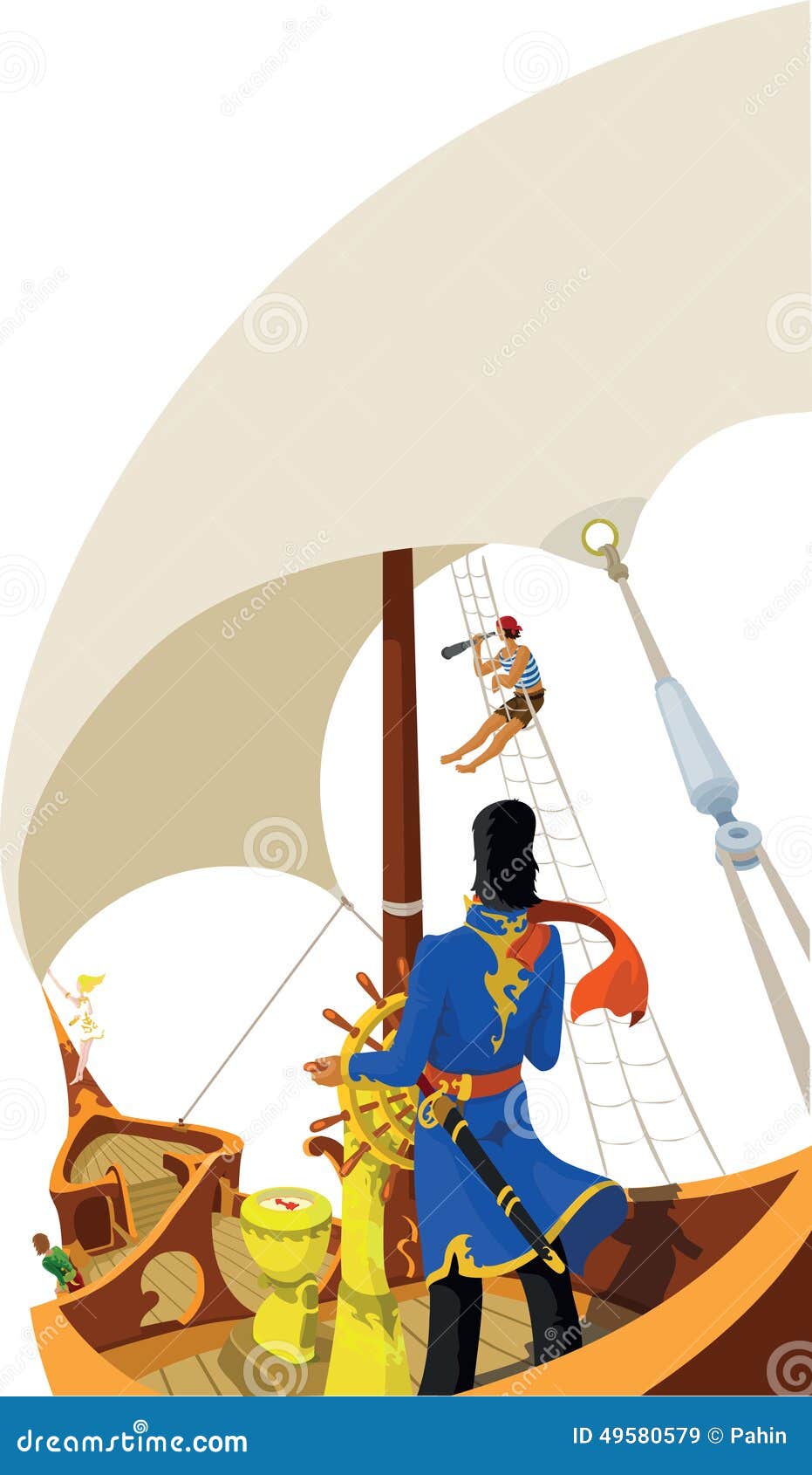 Brave Captain In Tricorn Hat, Scarf, Uniform With Telescope. Marine ...