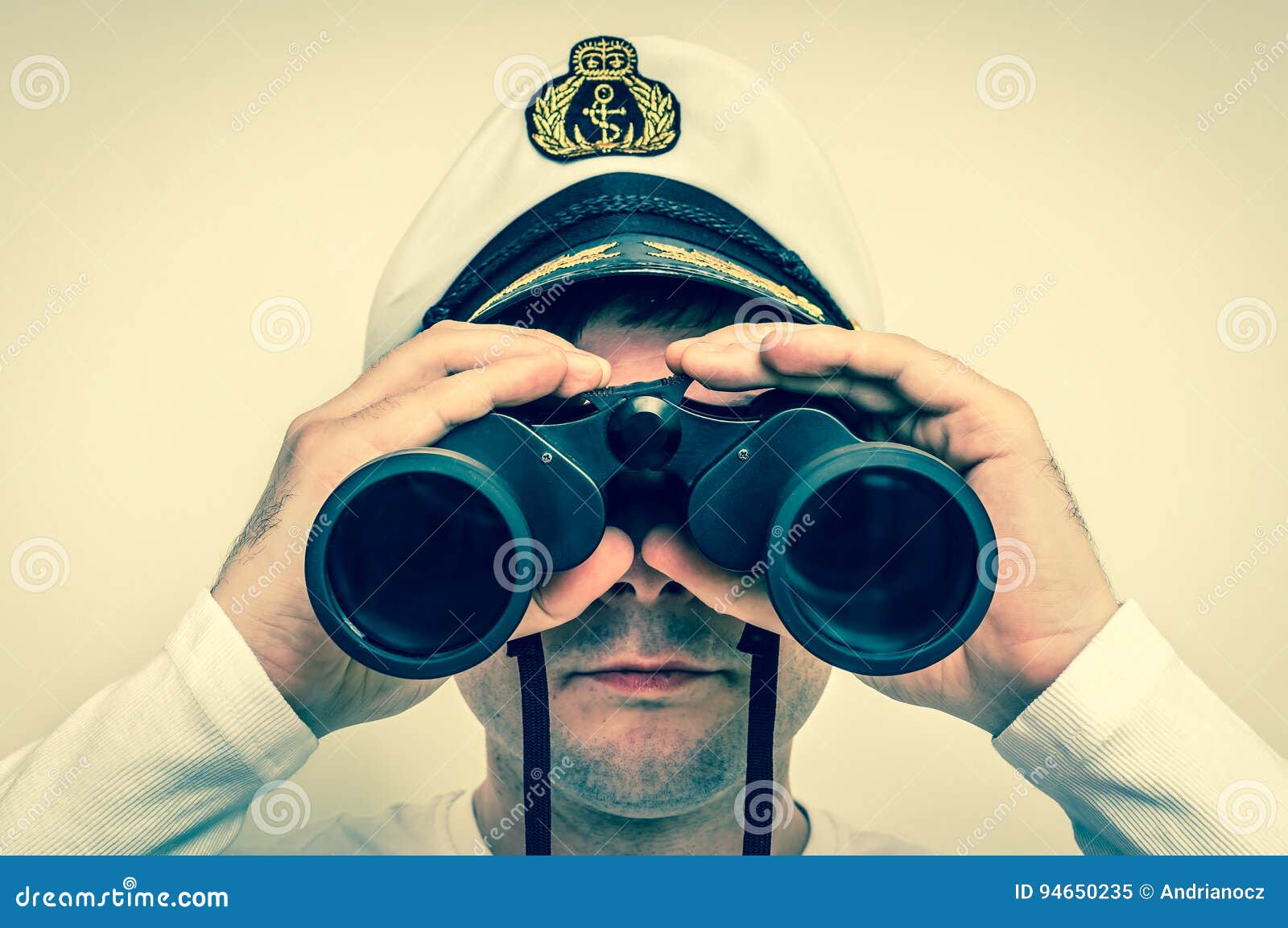 Captain Looks through a Binoculars - Retro Style Stock Image - Image of ...