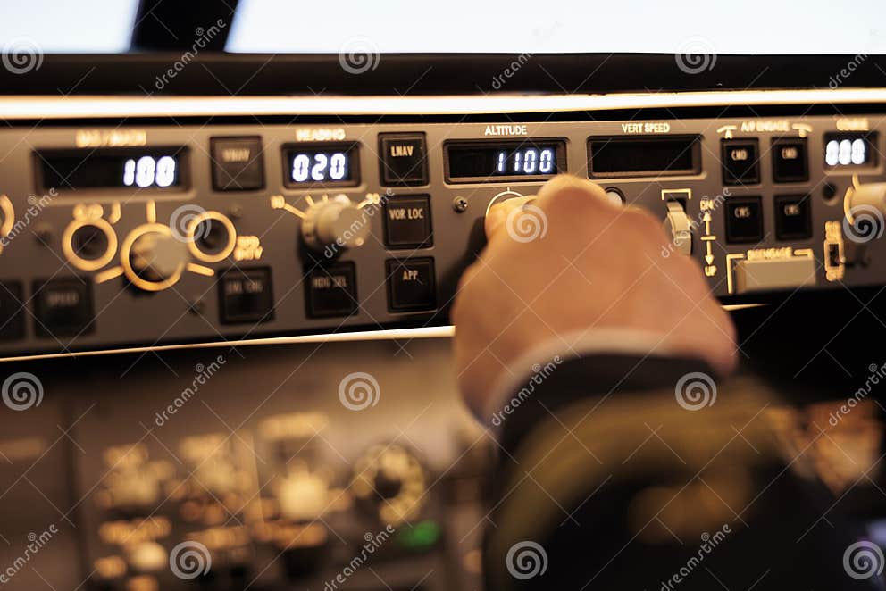Captain Pushing Buttons To Fix Altitude Level on Control Panel Command ...