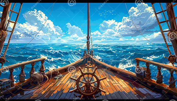 Captains View from Ship S Wheel on Deck Stock Illustration ...
