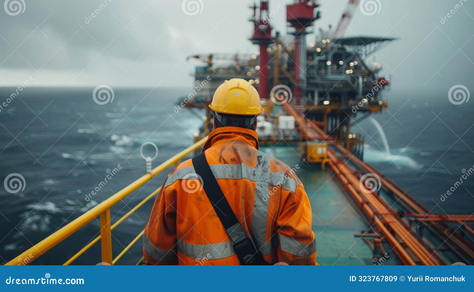 Captain in Safety Helmet on Ship Deck Approaching Oil Platform ...
