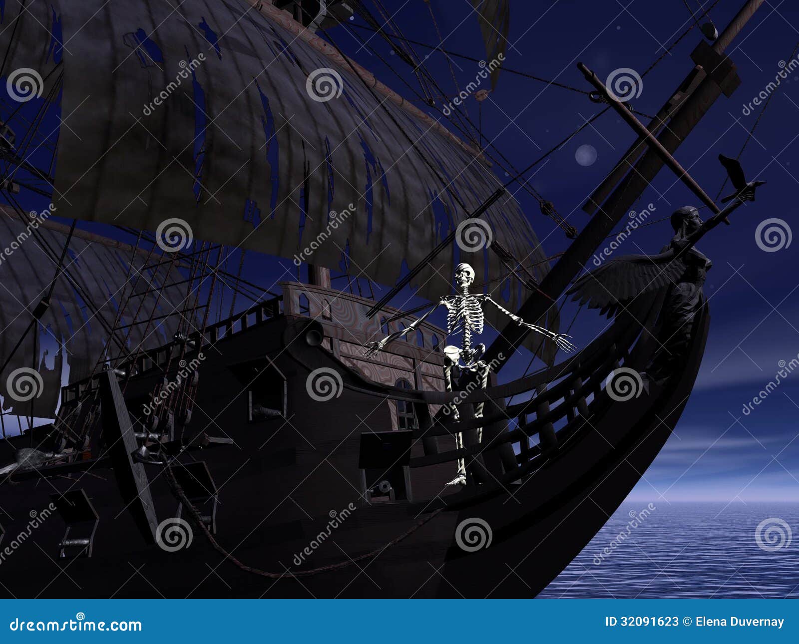 Captain Skeleton In A Ghost Boat By Night Time Stock Image ...