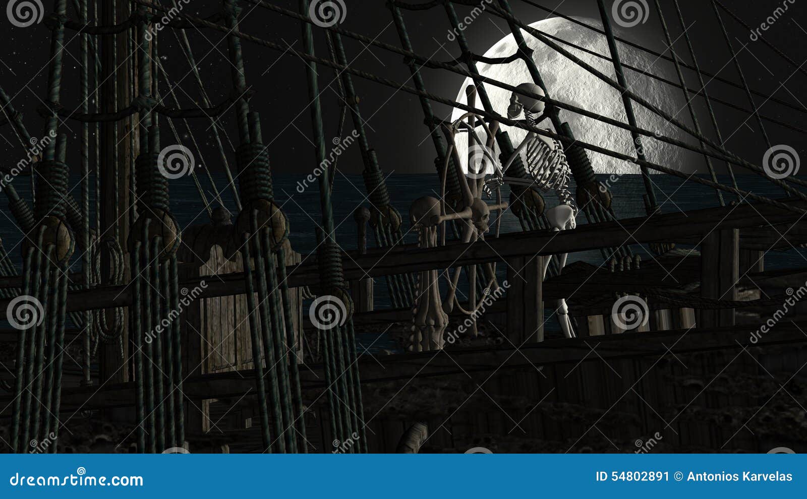 Captain Skeleton In A Ghost Boat By Night Time Stock Image ...