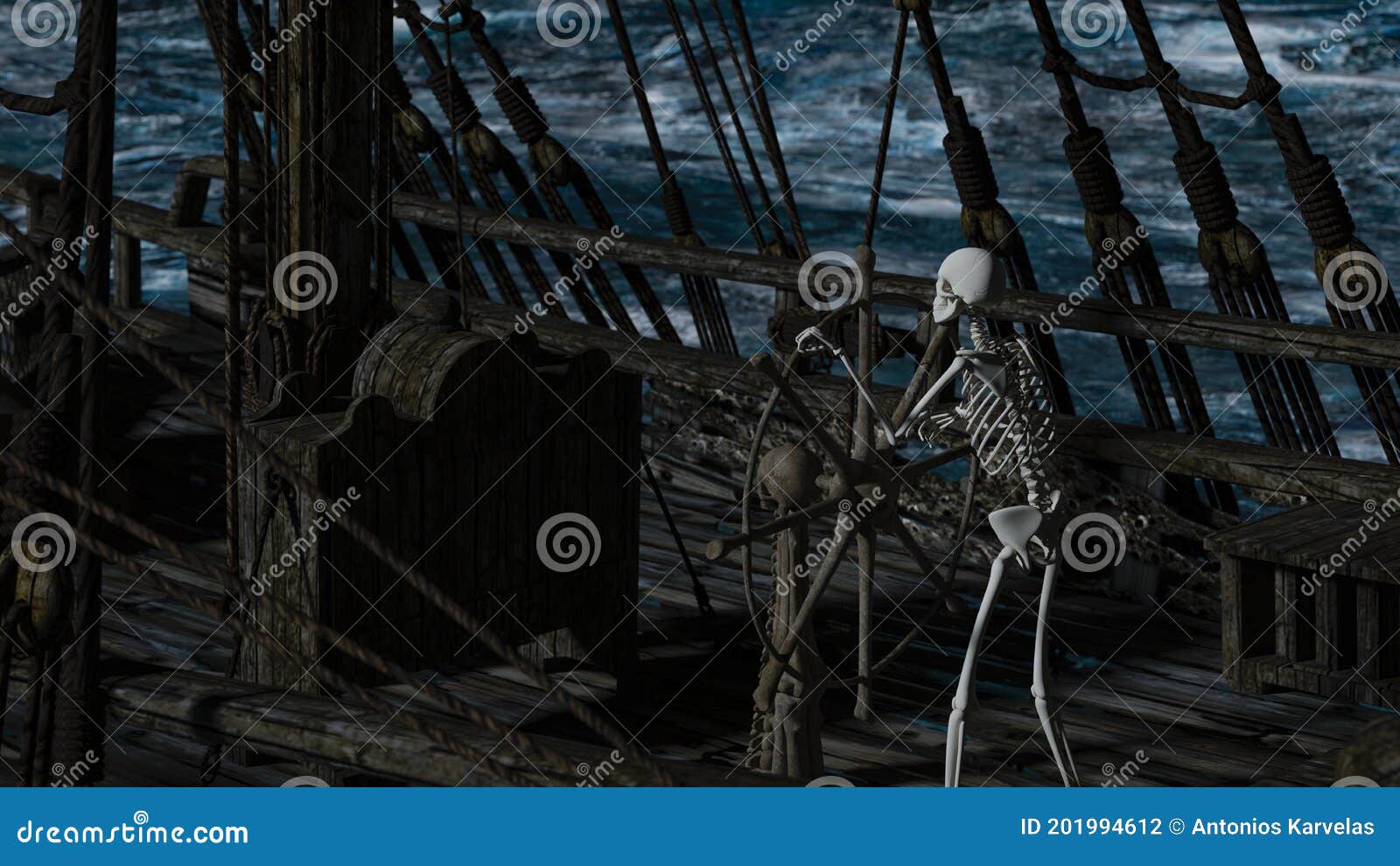 Captain Skeleton in a Ghost Sailboat by Night Time Stock Illustration ...
