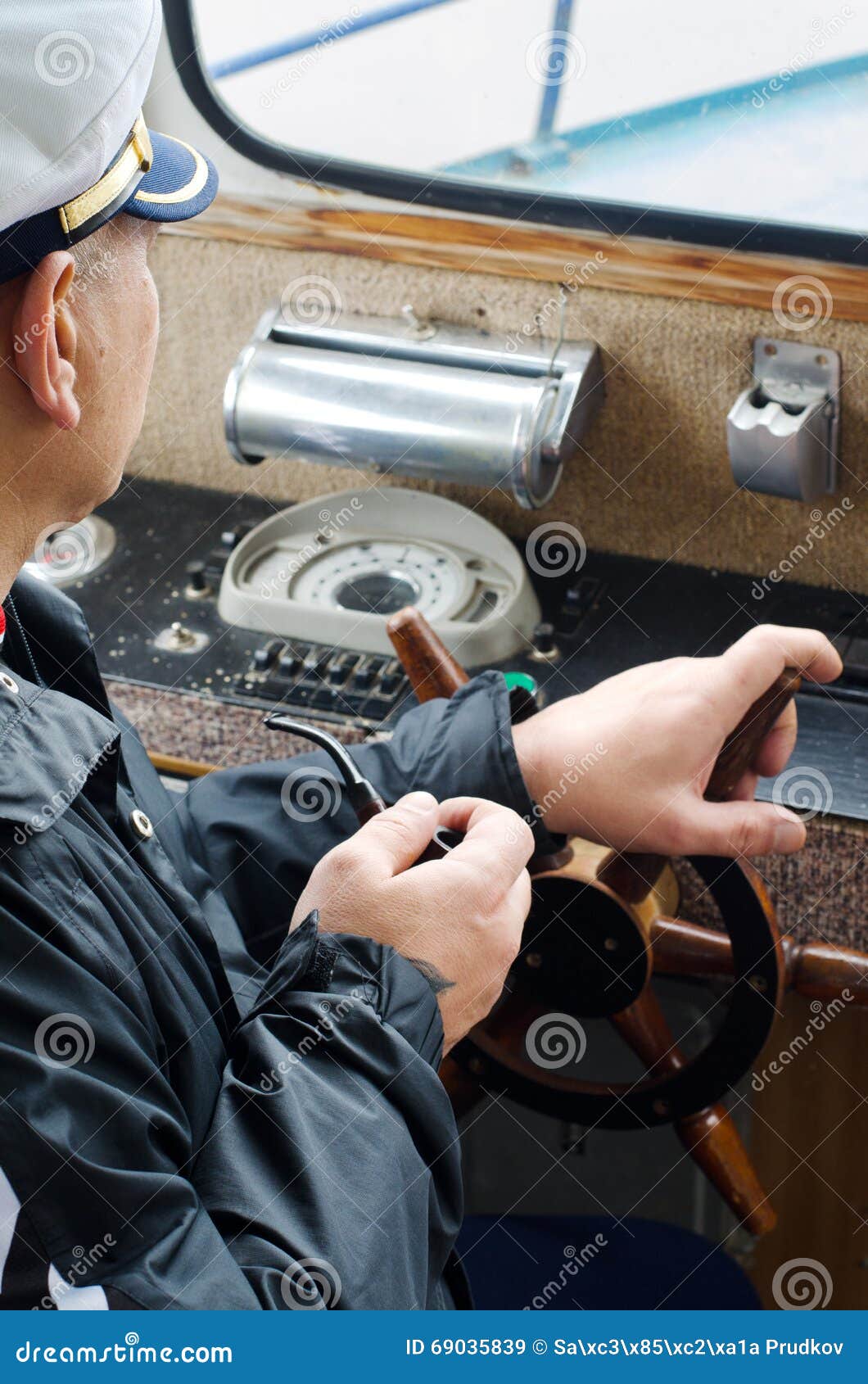 Captain of Small Trading Ship Stirring Rudder on River Stock Image ...