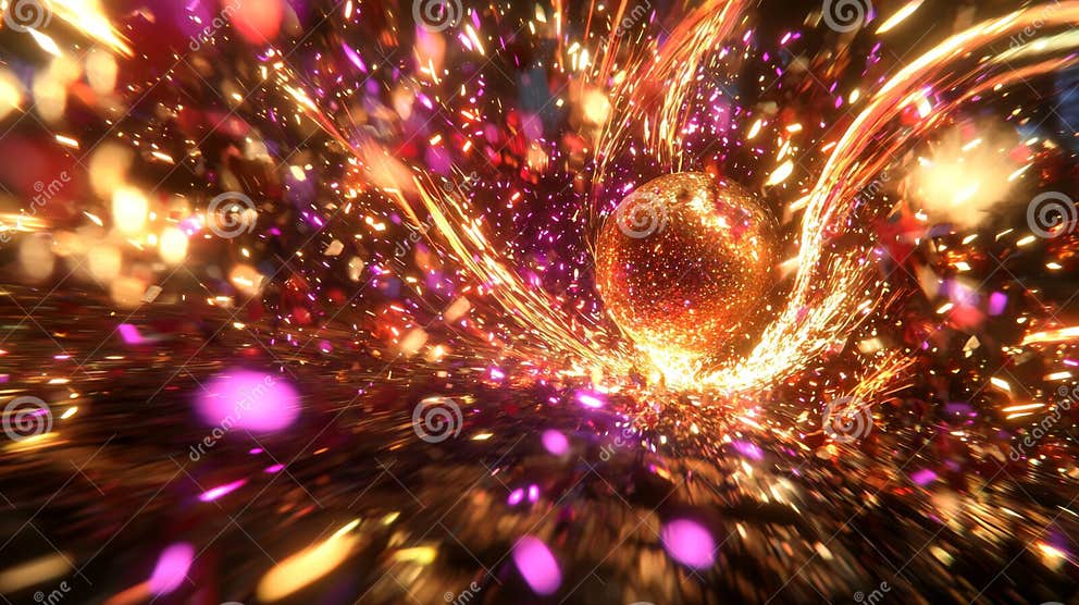 Sparkling Golden Sphere Exploding with Colorful Confetti and Light ...