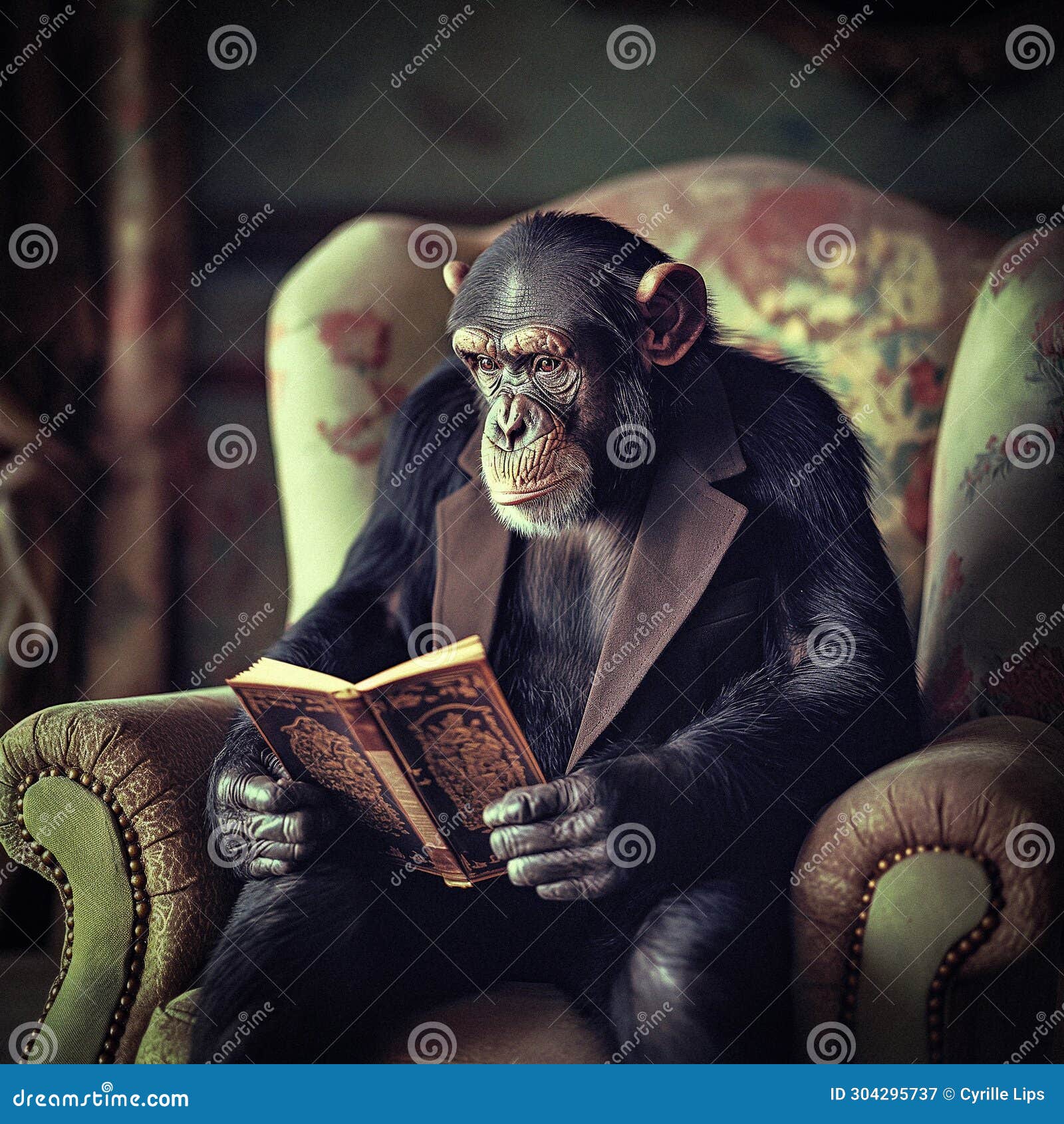 AI-Generated Image of a Chimpanzee Reading a Book Stock Illustration ...
