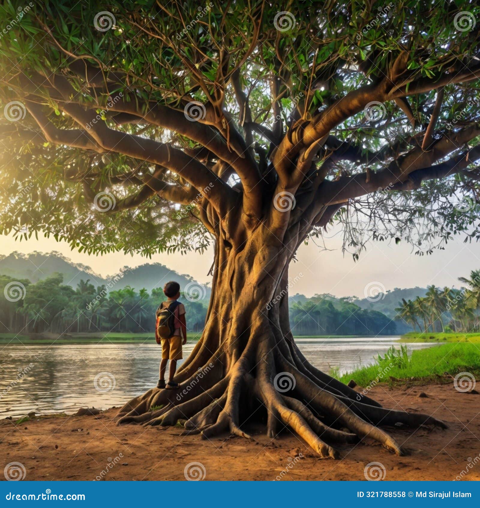 Adventurous Explorer and Glowing Banyan Tree by the Riverside Stock ...