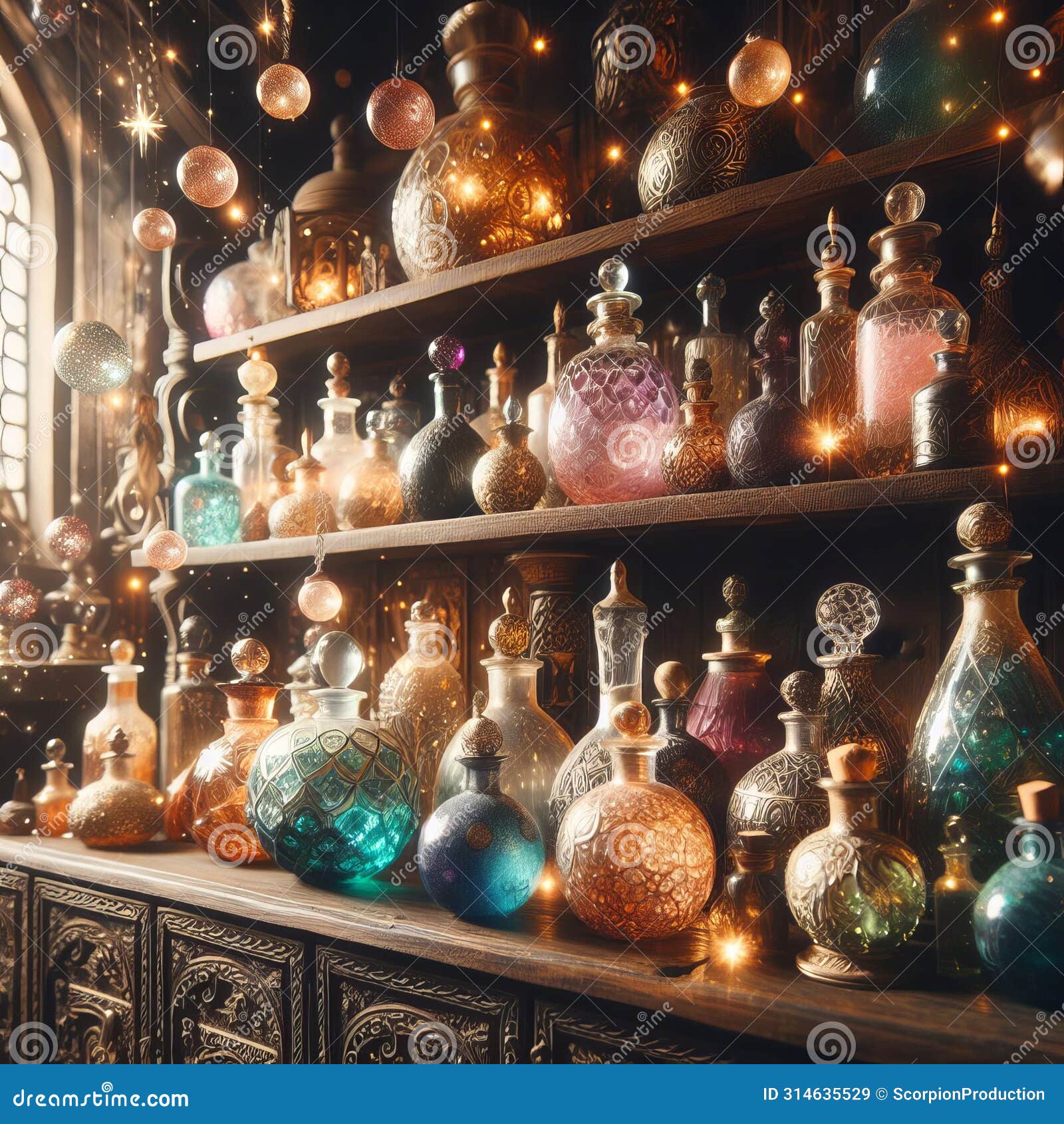 Enchanted Potion Bottles on Mystical Shelves Stock Image - Image of ...