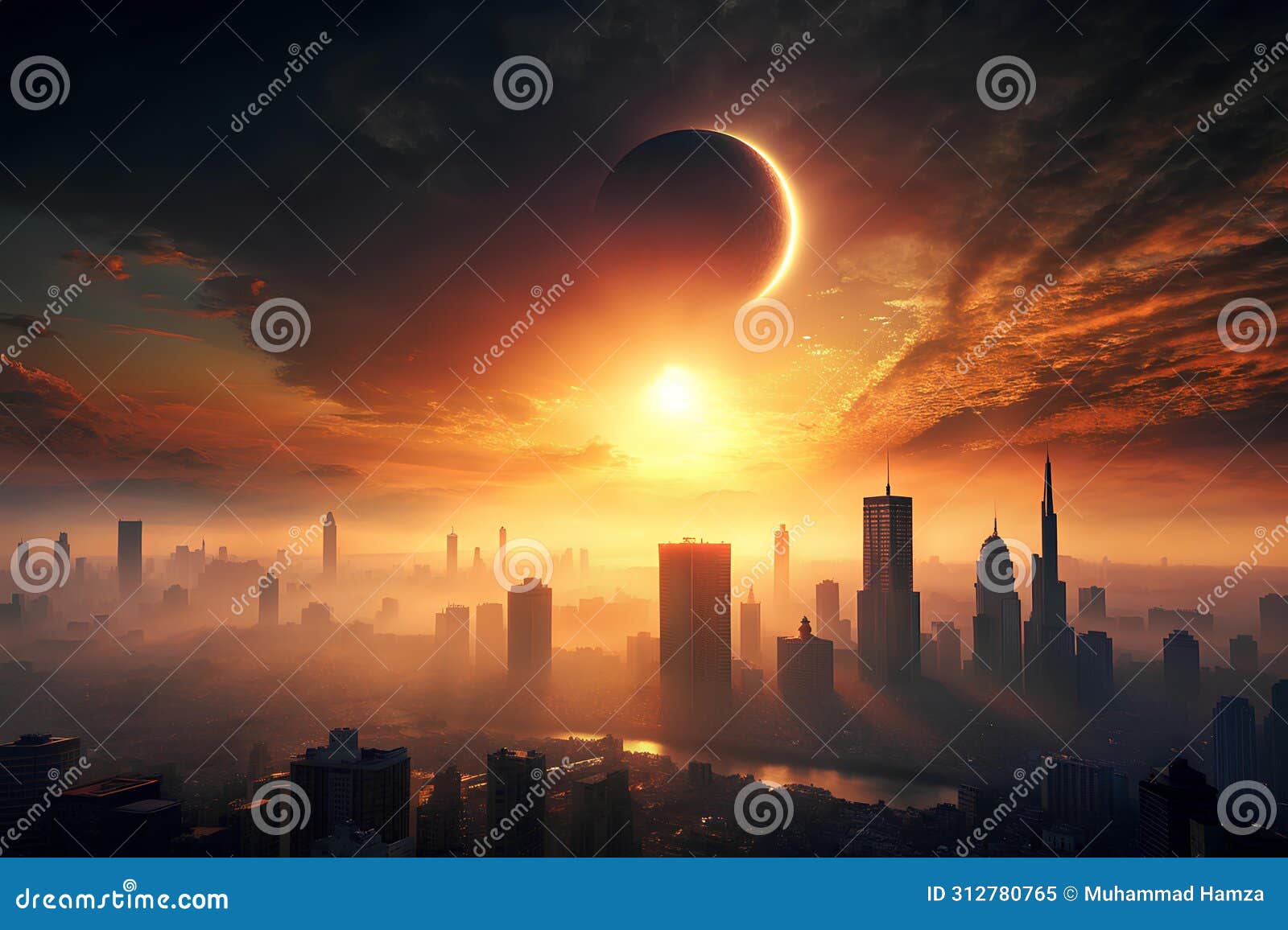 Urban Eclipse: Partially Obscured Sun in Cityscape Stock Illustration ...