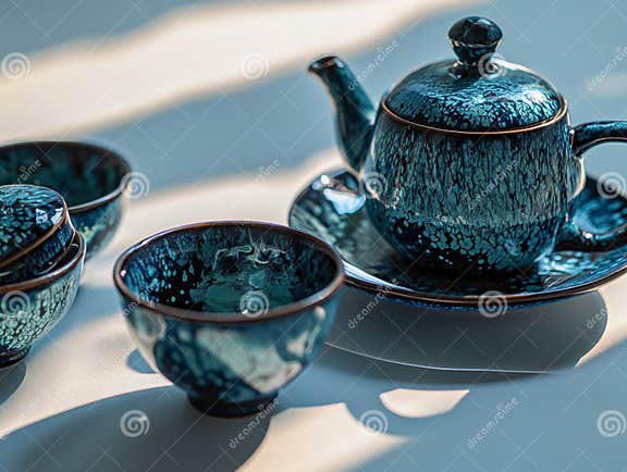 A Captivating Close-Up of a Marbled Black and Blue Tea Set Stock Photo ...
