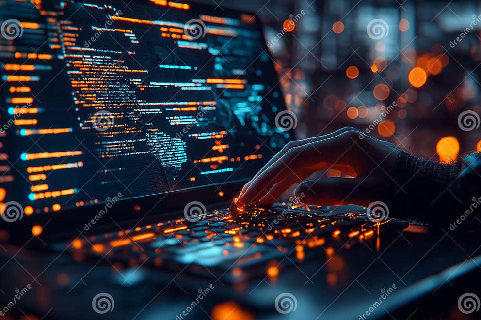 Captivating Coding Session in a Dimly Lit Workspace with Glowing ...